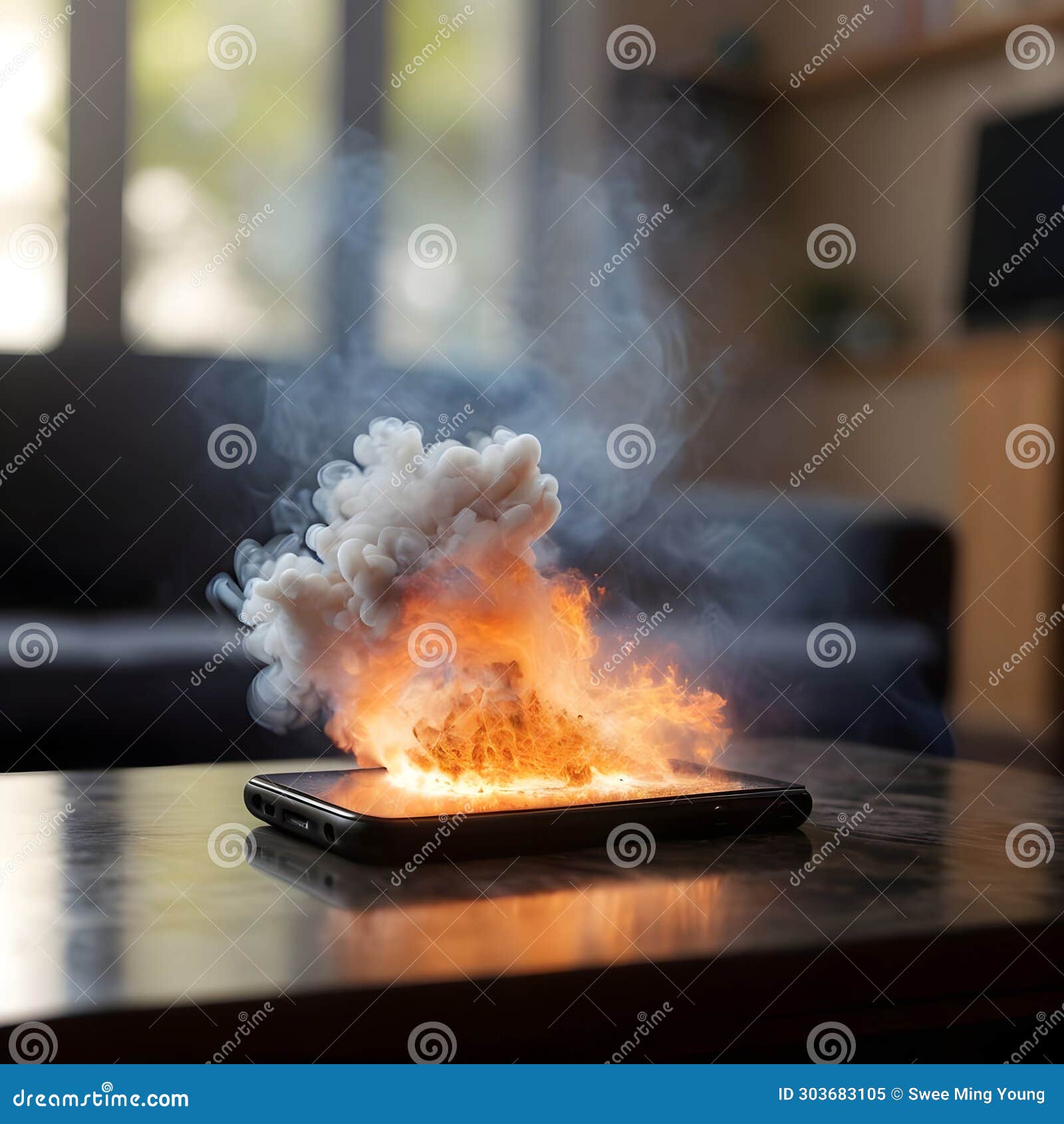 Image of a Burning Cellphone Smoke and Fire with a Burst of Particles ...