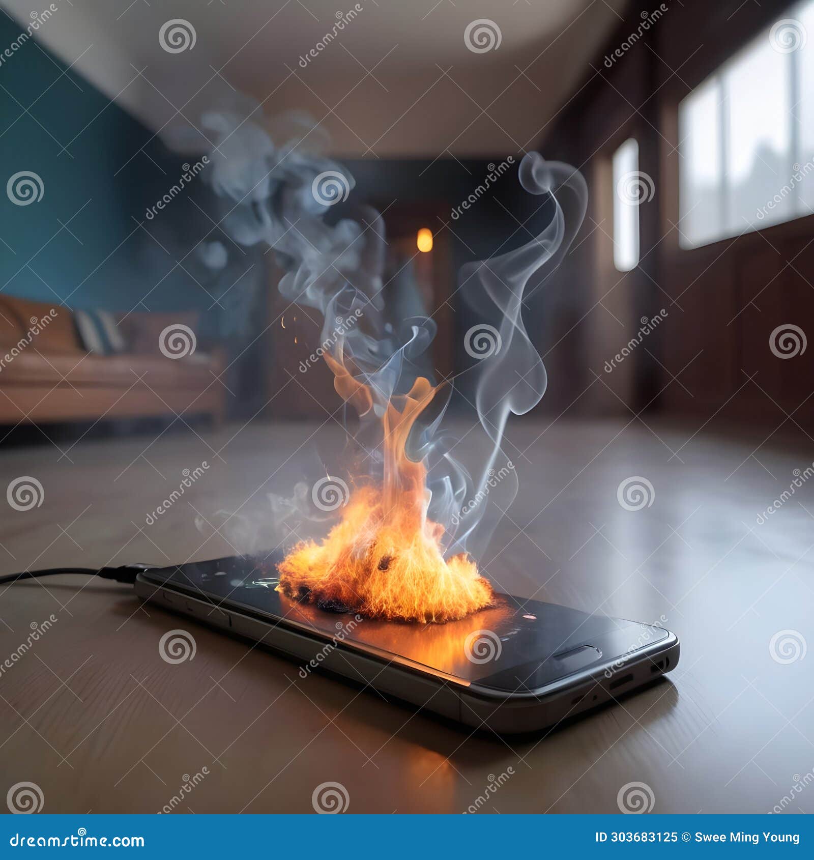 Image of a Burning Cellphone Smoke and Fire with a Burst of Particles ...