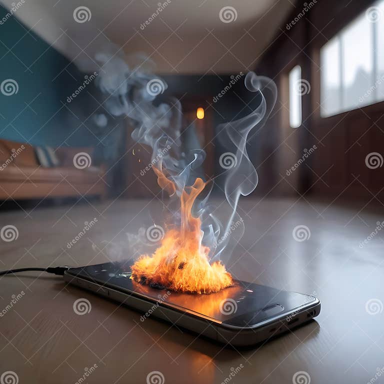 Image of a Burning Cellphone Smoke and Fire with a Burst of Particles ...