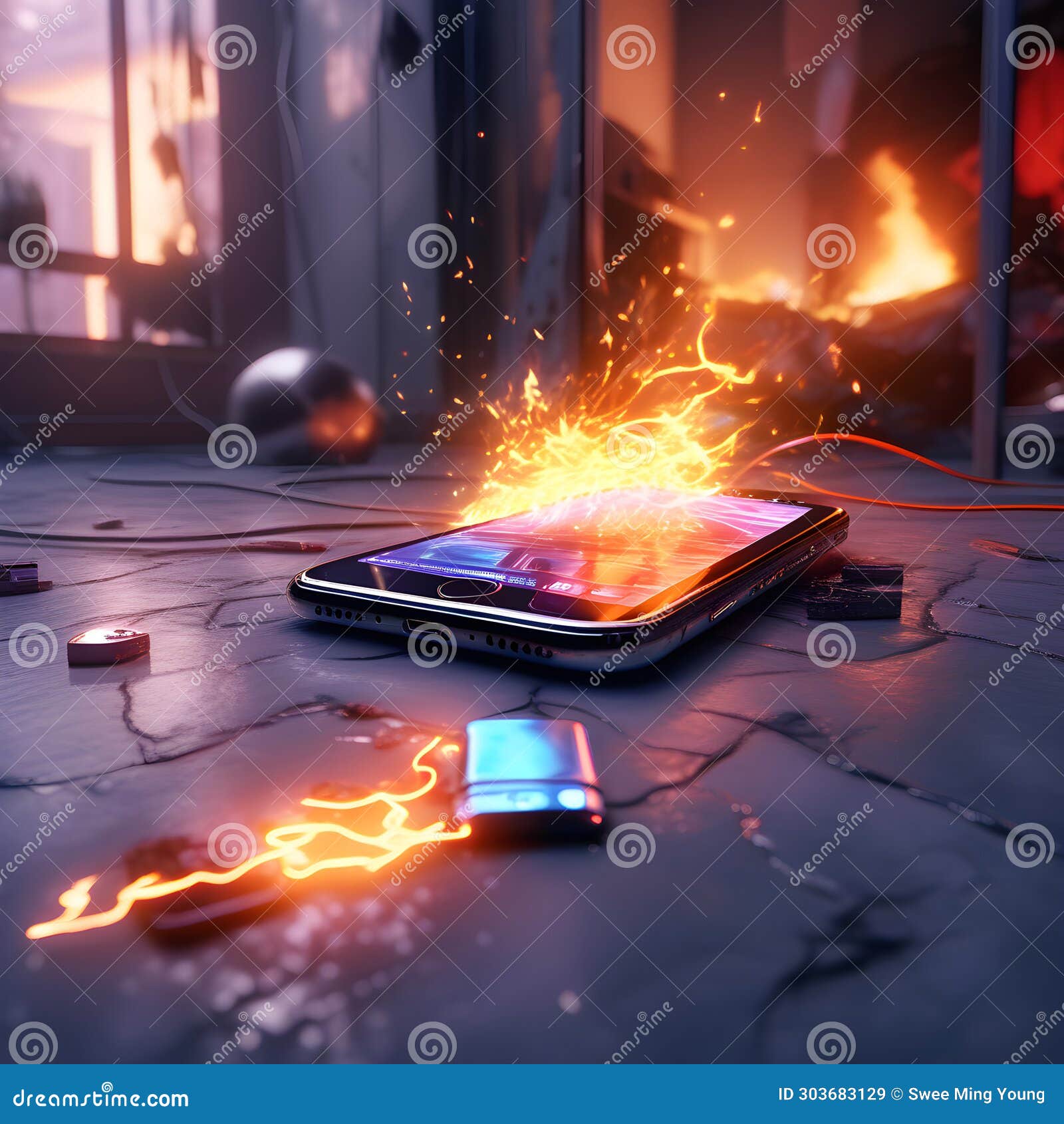 Image of a Burning Cellphone Smoke and Fire with a Burst of Particles ...