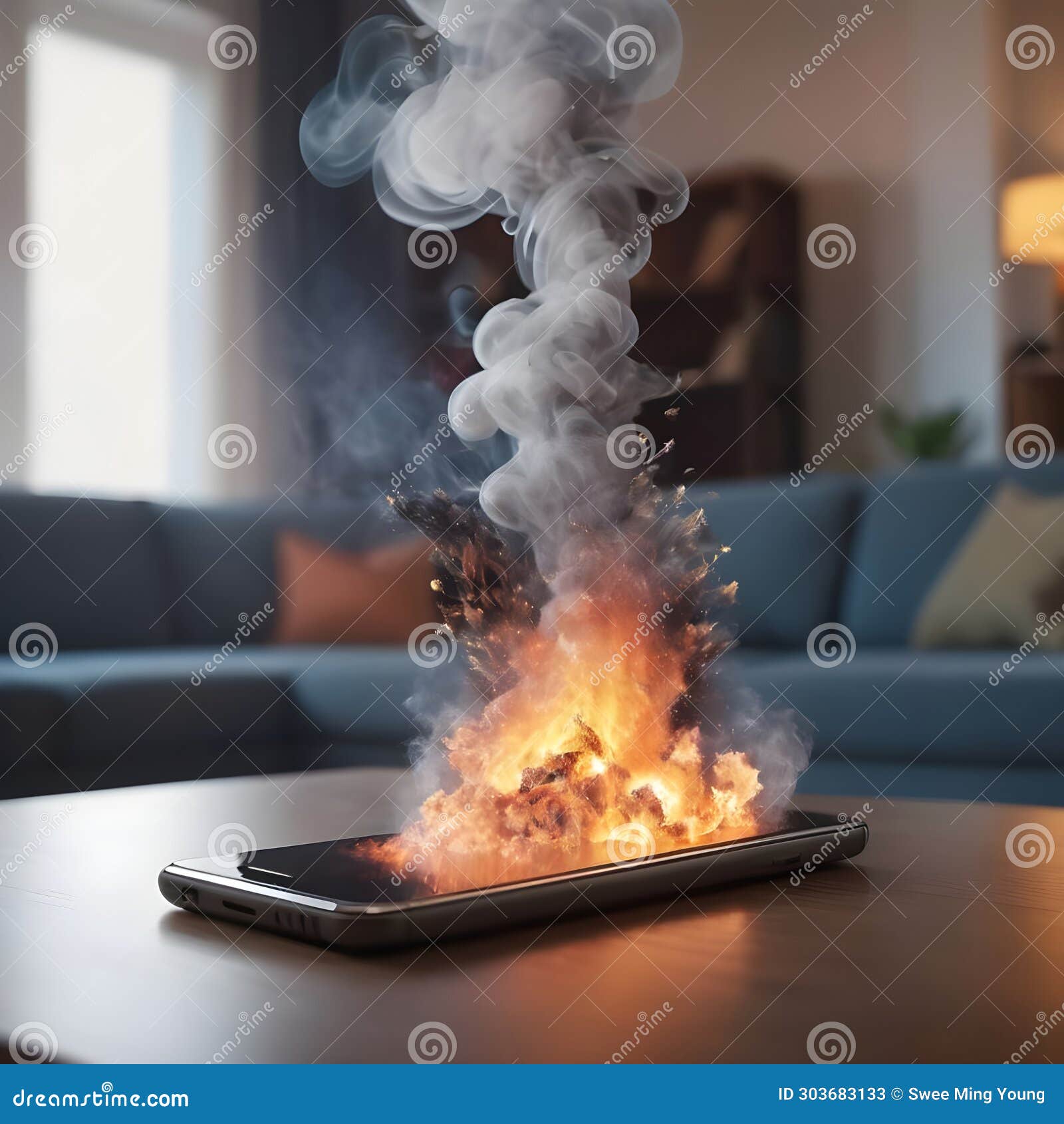 Image of a Burning Cellphone Smoke and Fire with a Burst of Particles ...
