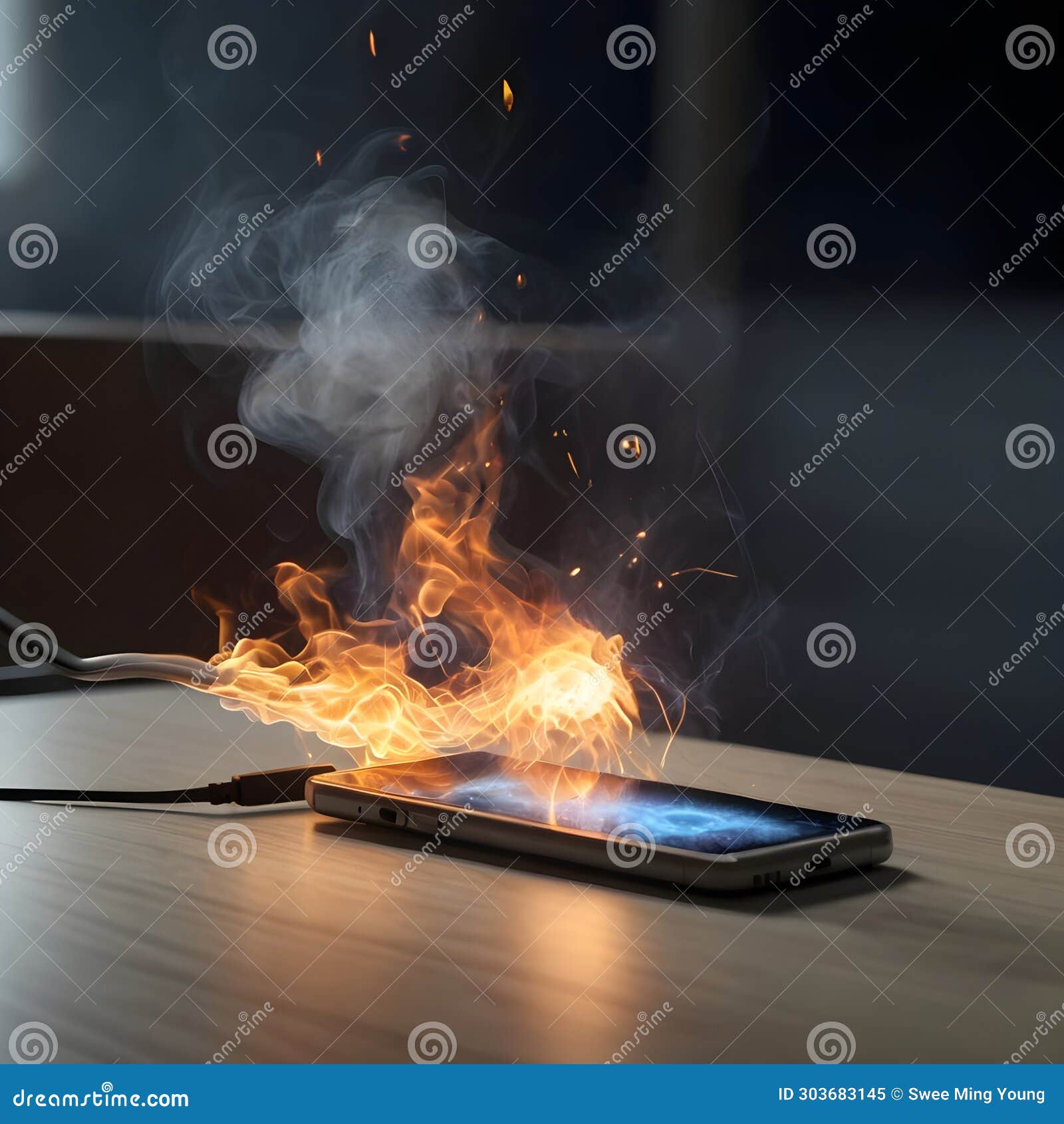 Image of a Burning Cellphone Smoke and Fire with a Burst of Particles ...