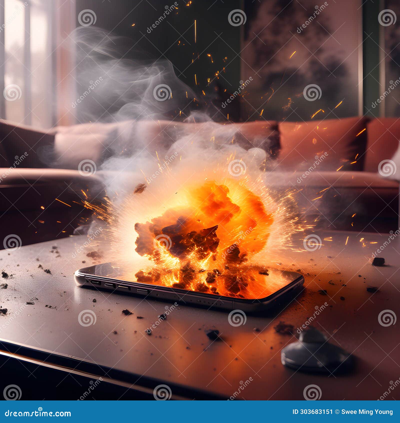 Image of a Burning Cellphone Smoke and Fire with a Burst of Particles ...