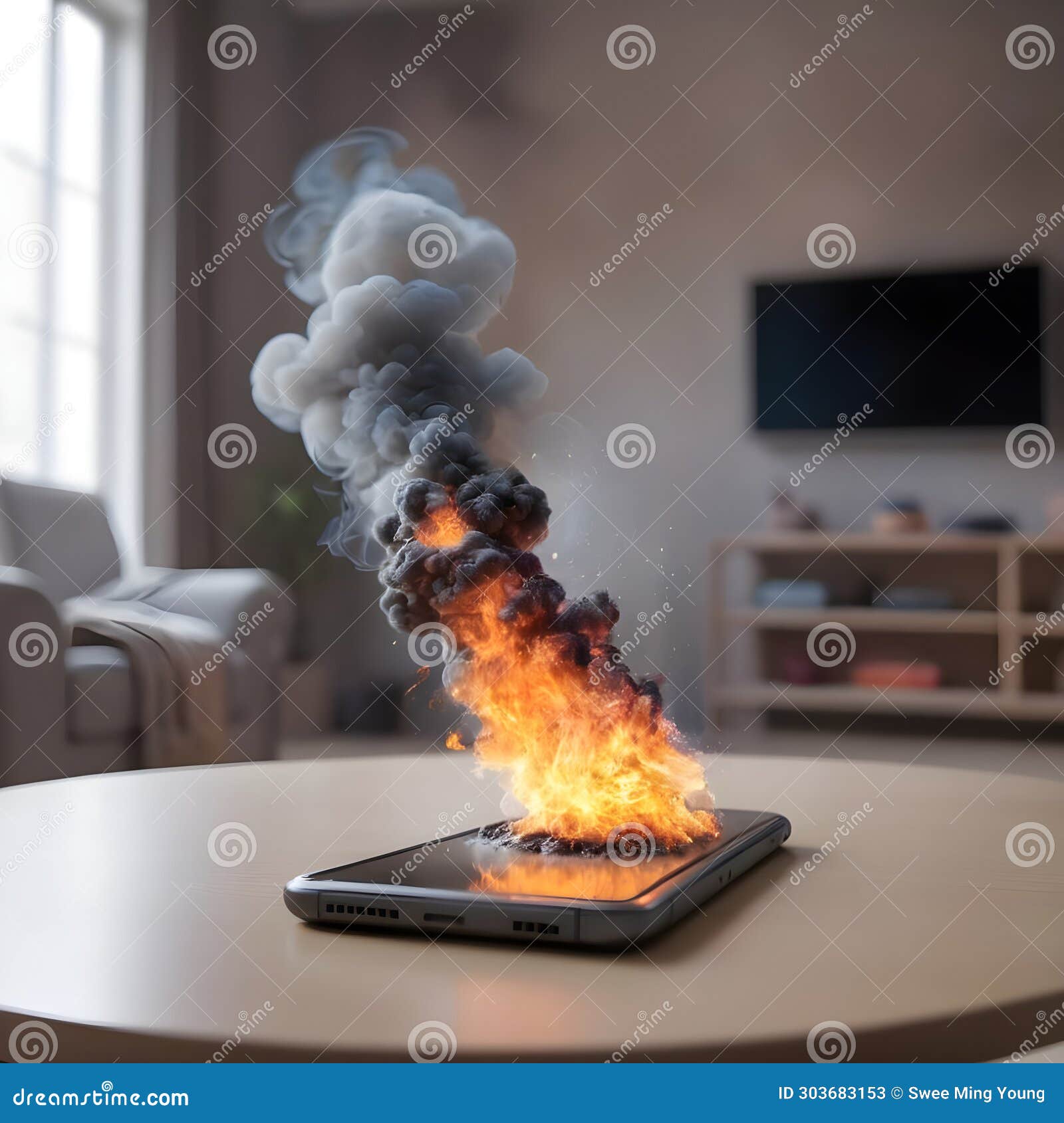 Image of a Burning Cellphone Smoke and Fire with a Burst of Particles ...