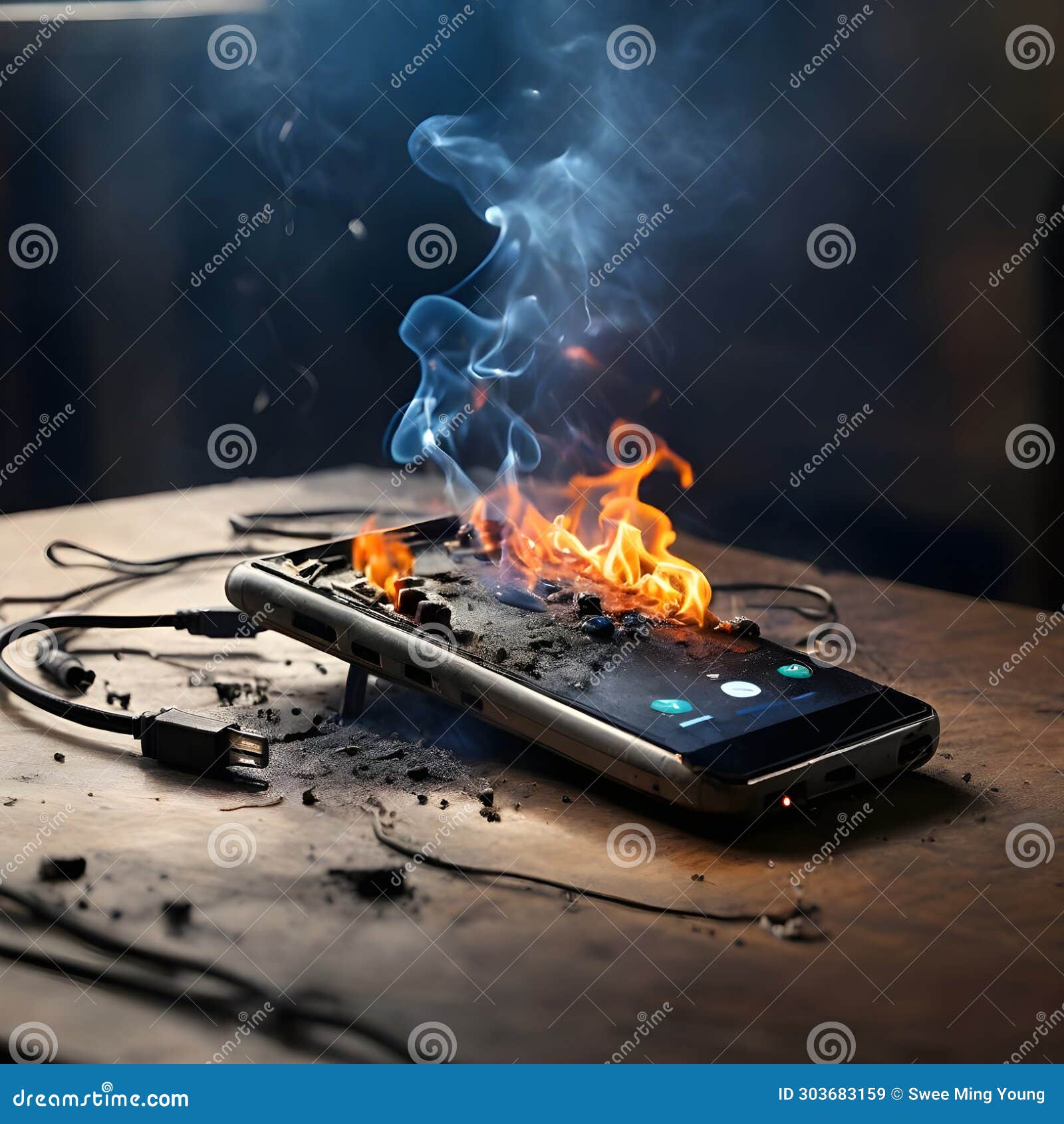 Image of a Burning Cellphone Smoke and Fire with a Burst of Particles ...