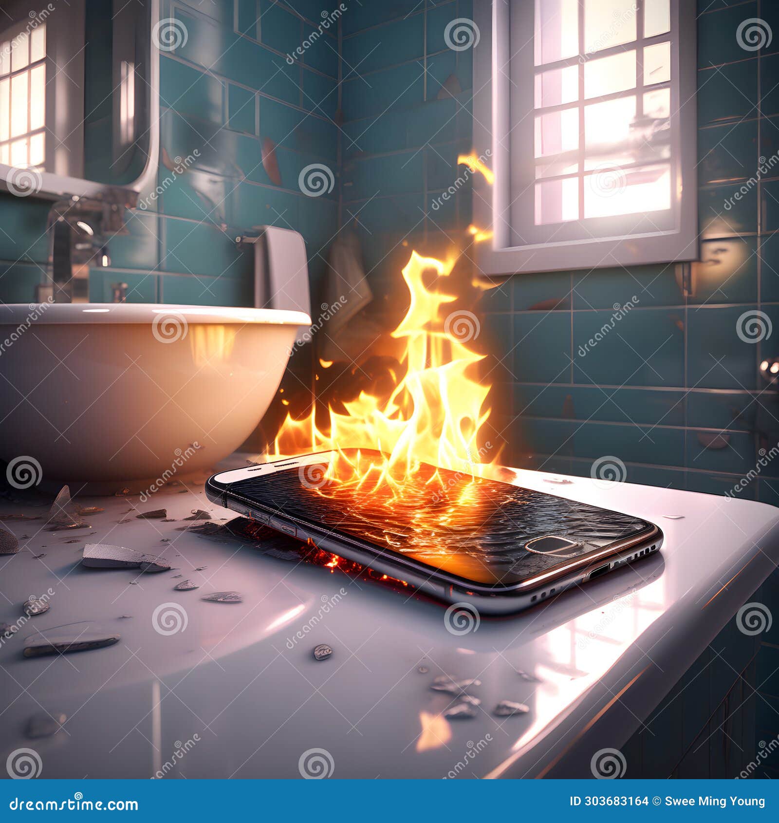 Image of a Burning Cellphone Smoke and Fire with a Burst of Particles ...