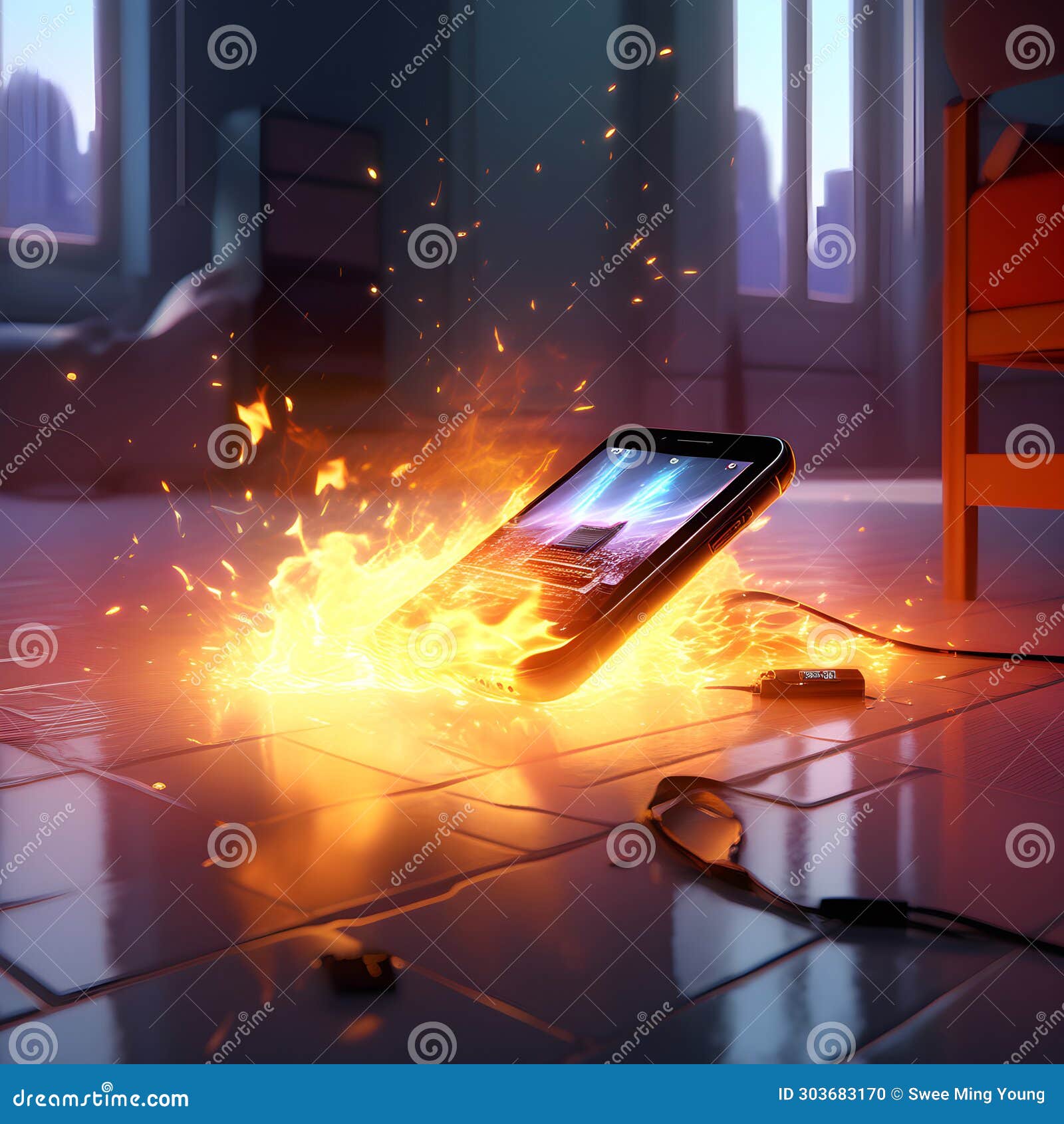Image of a Burning Cellphone Smoke and Fire with a Burst of Particles ...