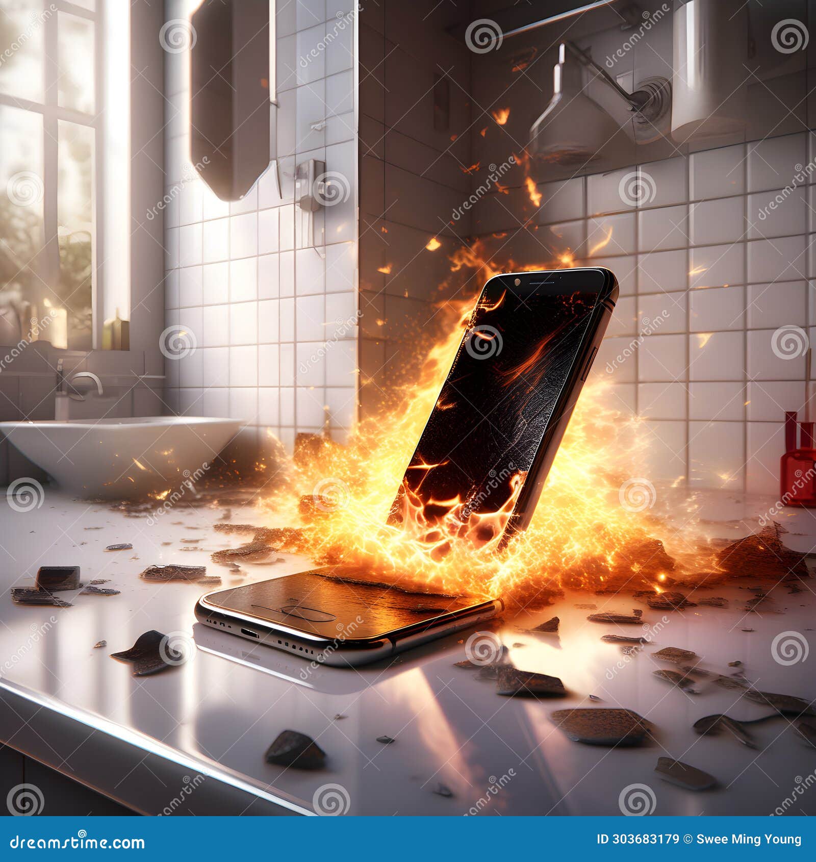 Image of a Burning Cellphone Smoke and Fire with a Burst of Particles ...