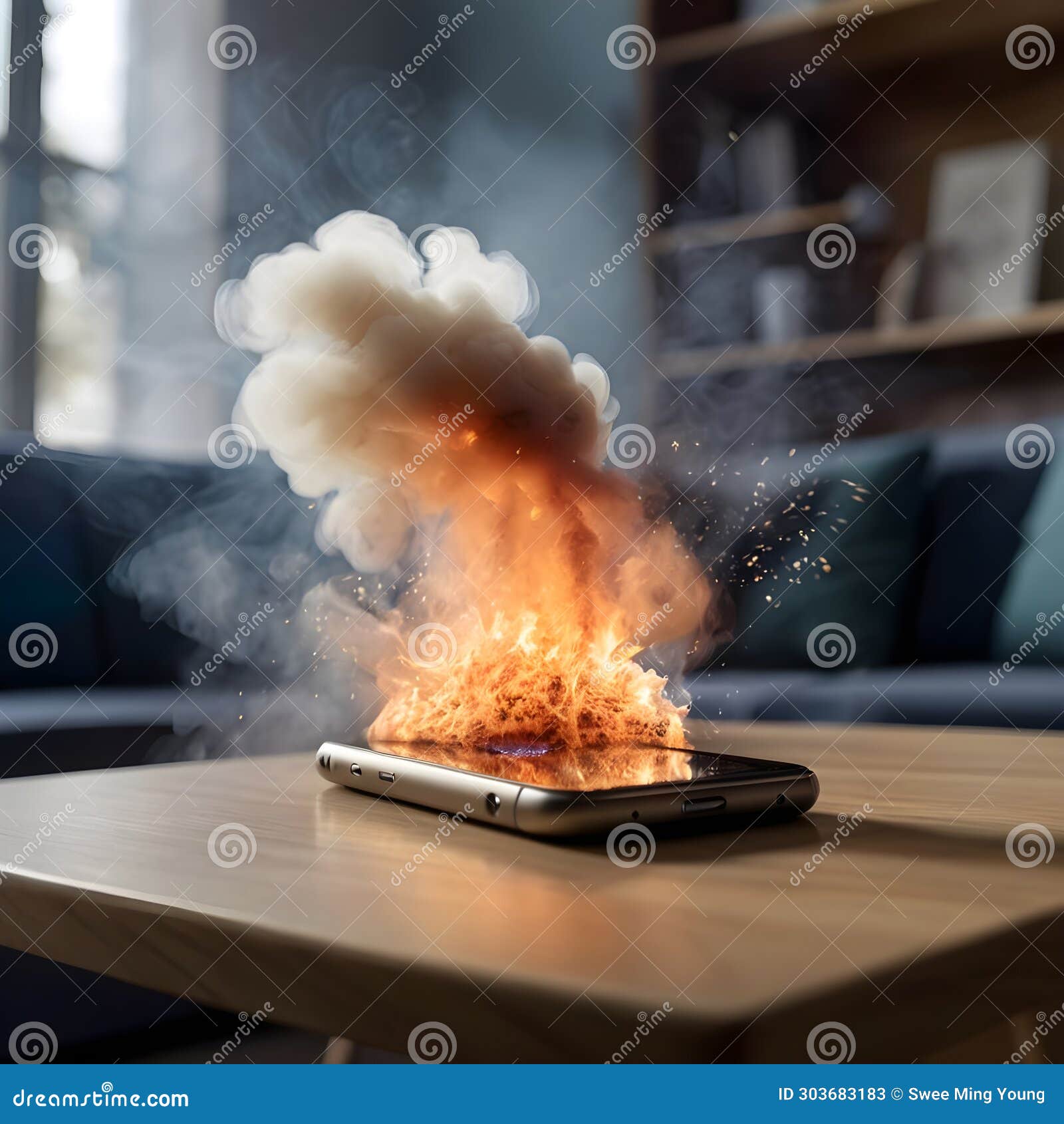 Image of a Burning Cellphone Smoke and Fire with a Burst of Particles ...