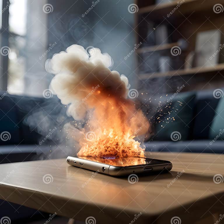 Image of a Burning Cellphone Smoke and Fire with a Burst of Particles ...