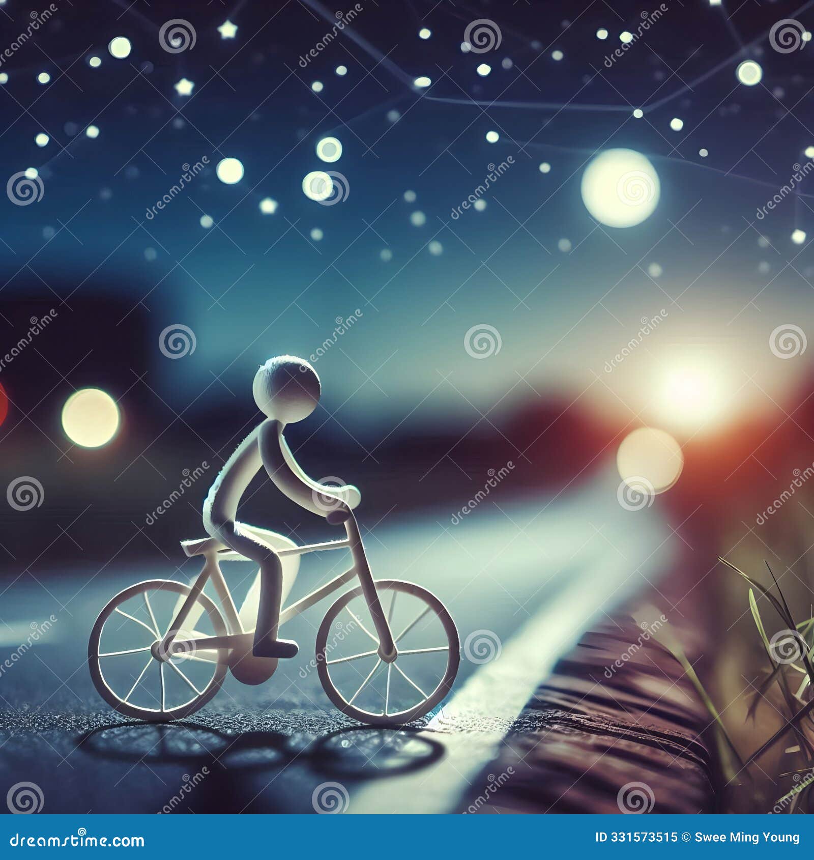 Image of Cartoon Paper Stick Figure Man Cartoon Riding Bicycle at Night ...
