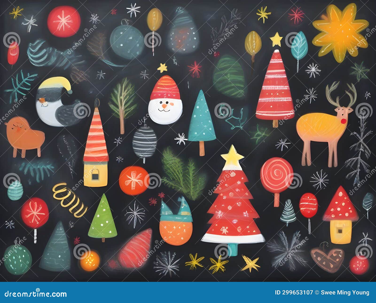 Image of the Christmas Theme Drawing with Chalk by Children in Colors ...