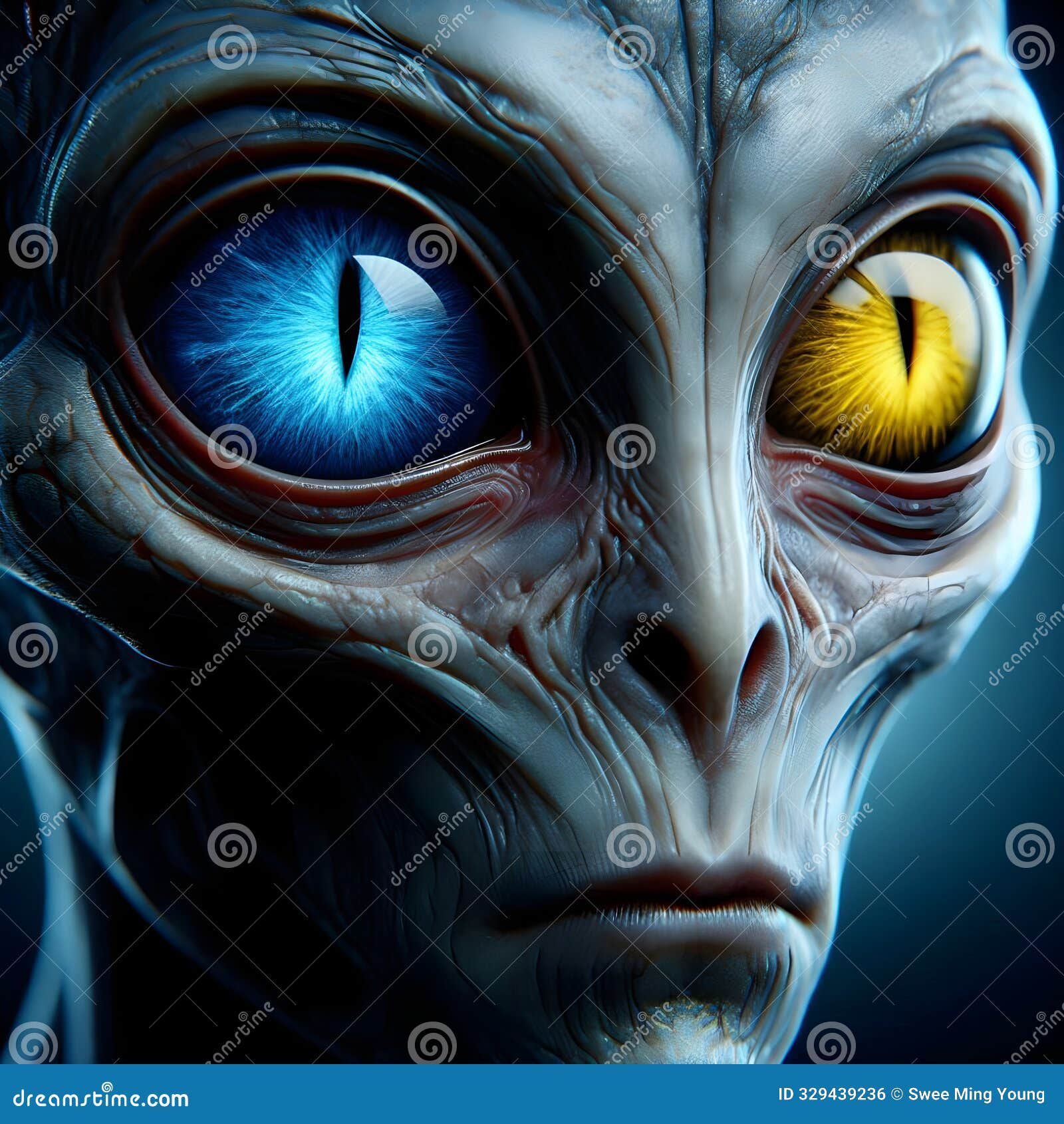 Image of Close Up Face of an Alien with Different Blurred Eyes Colored ...