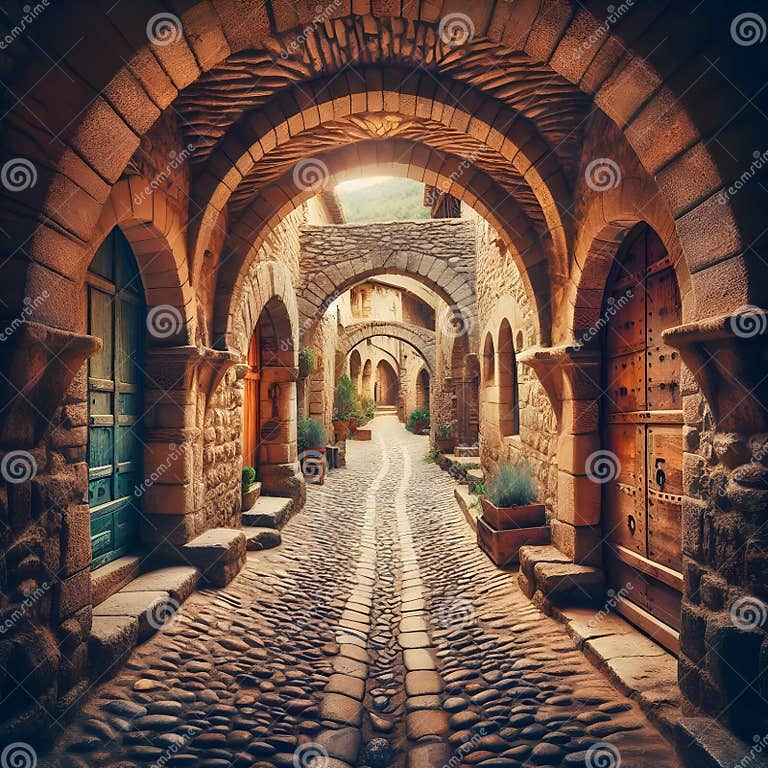 A Cobblestone Pathway Winding through a Series of Medieval Stone Arches ...