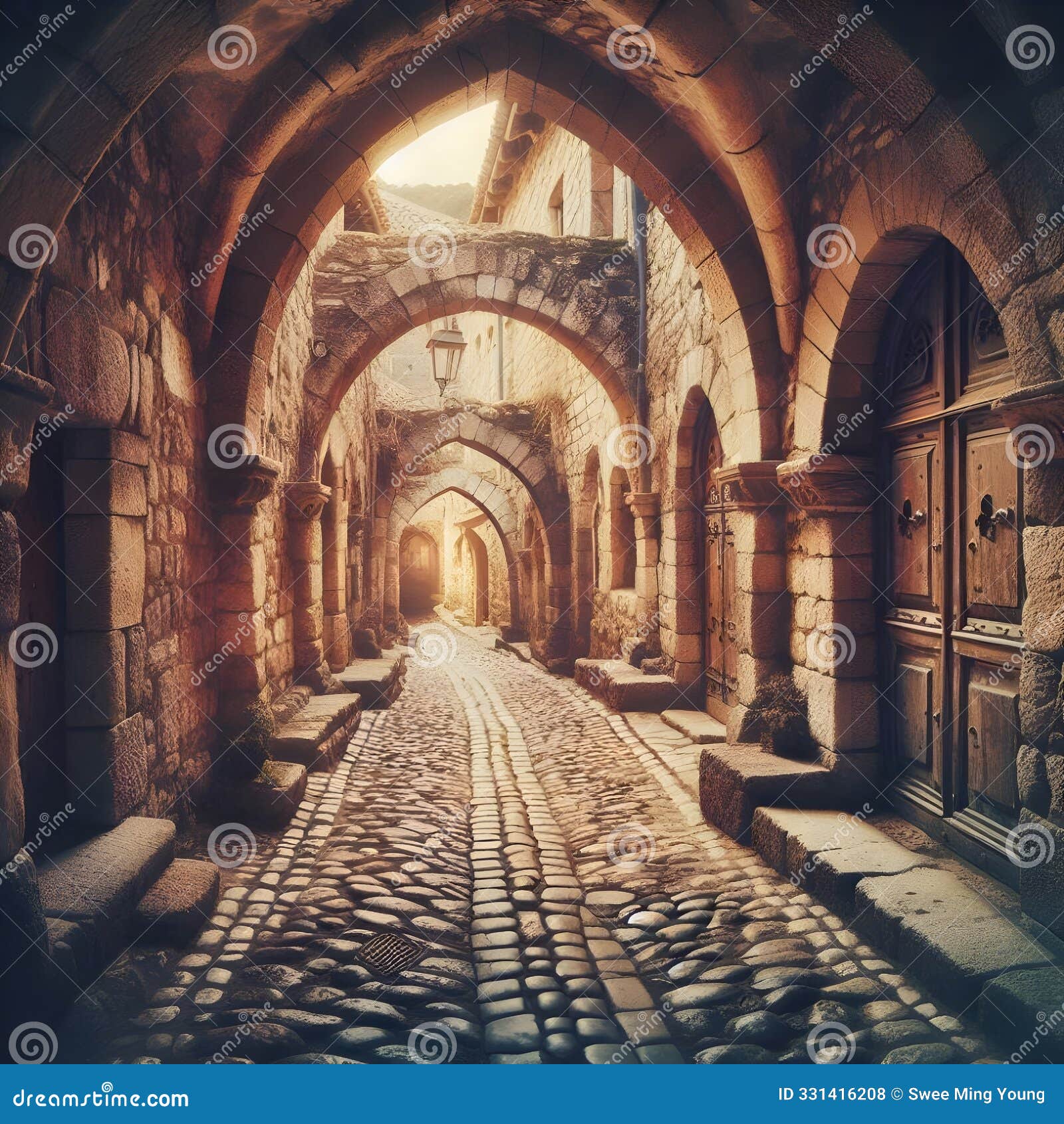 A Cobblestone Pathway Winding through a Series of Medieval Stone Arches ...