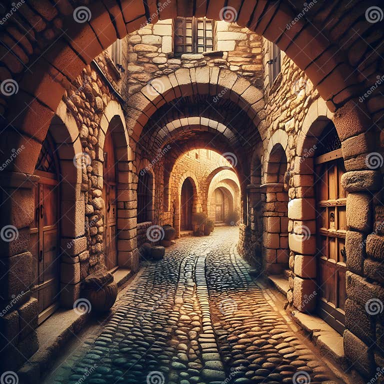 A Cobblestone Pathway Winding through a Series of Medieval Stone Arches ...