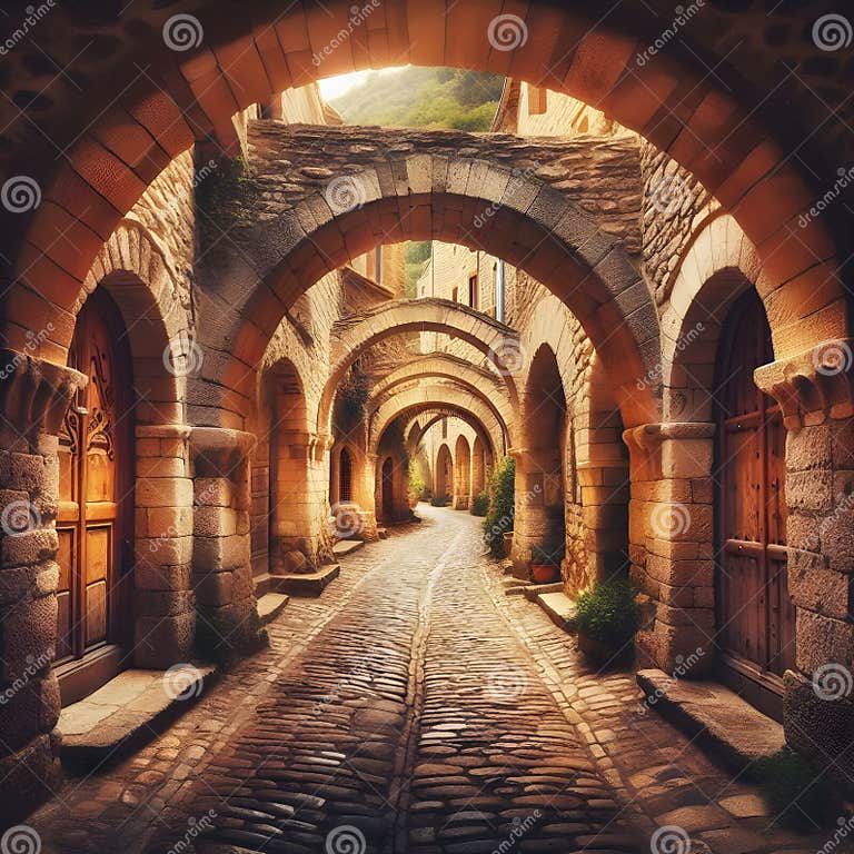 A Cobblestone Pathway Winding through a Series of Medieval Stone Arches ...