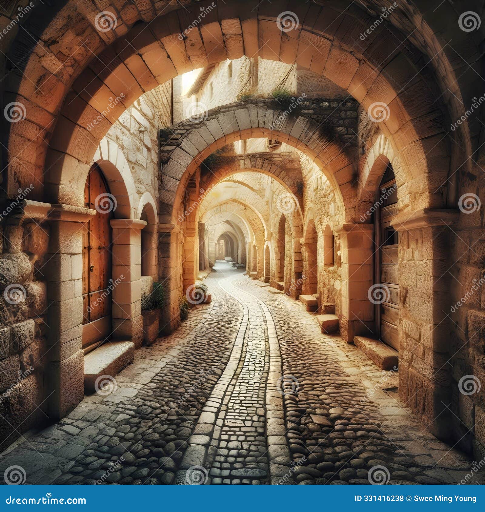 A Cobblestone Pathway Winding through a Series of Medieval Stone Arches ...
