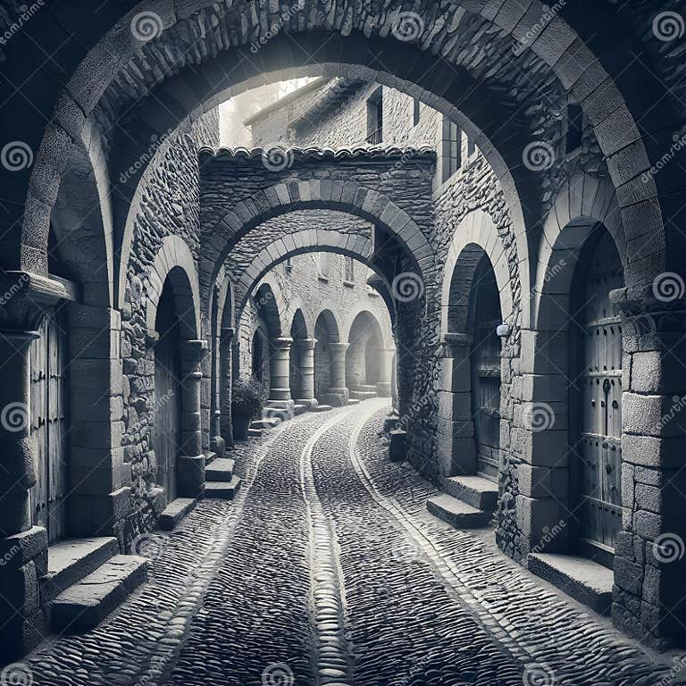 A Cobblestone Pathway Winding through a Series of Medieval Stone Arches ...