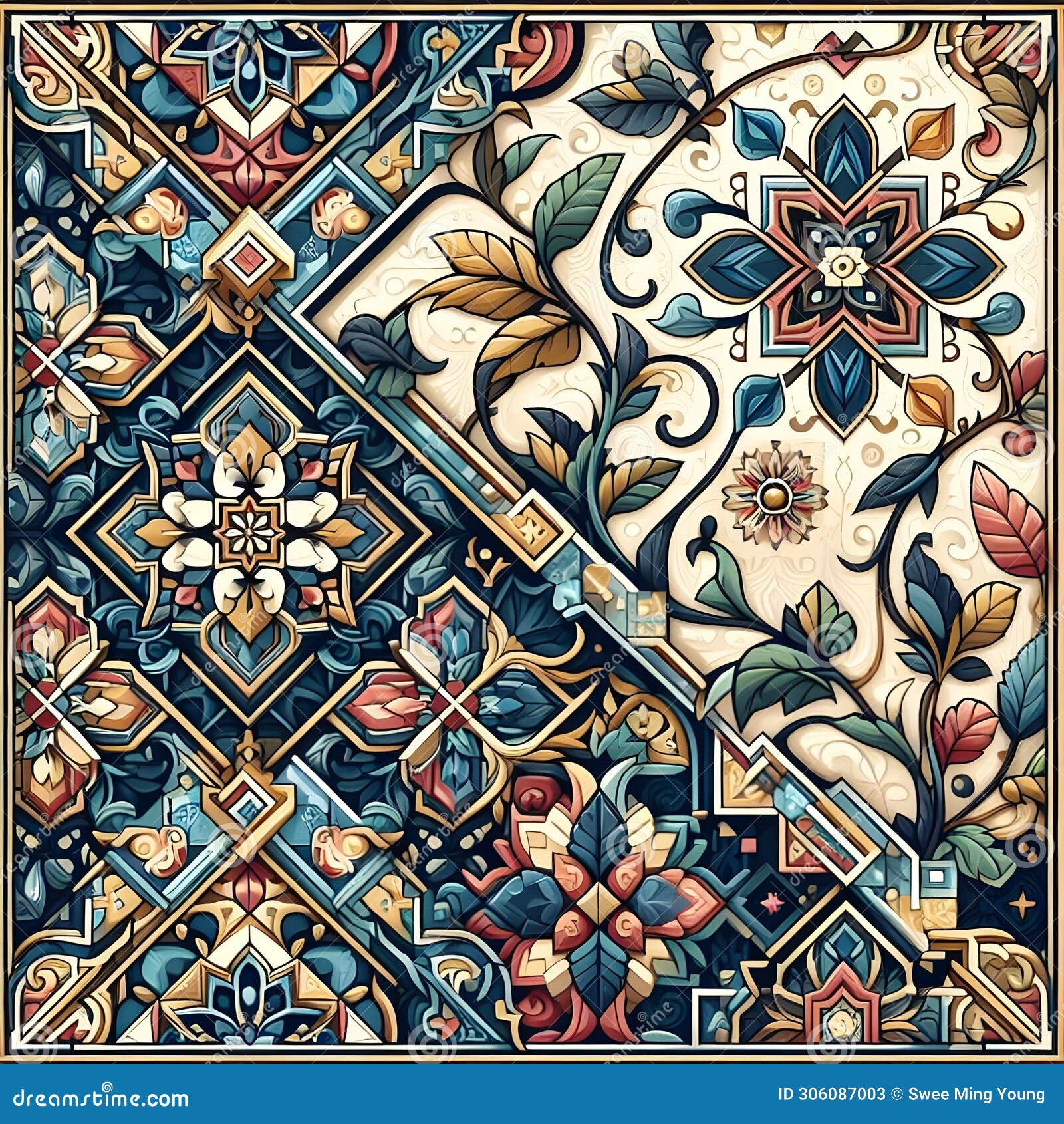 Image of Colorful Geometric Repeating Pattern with a Section of Broken ...