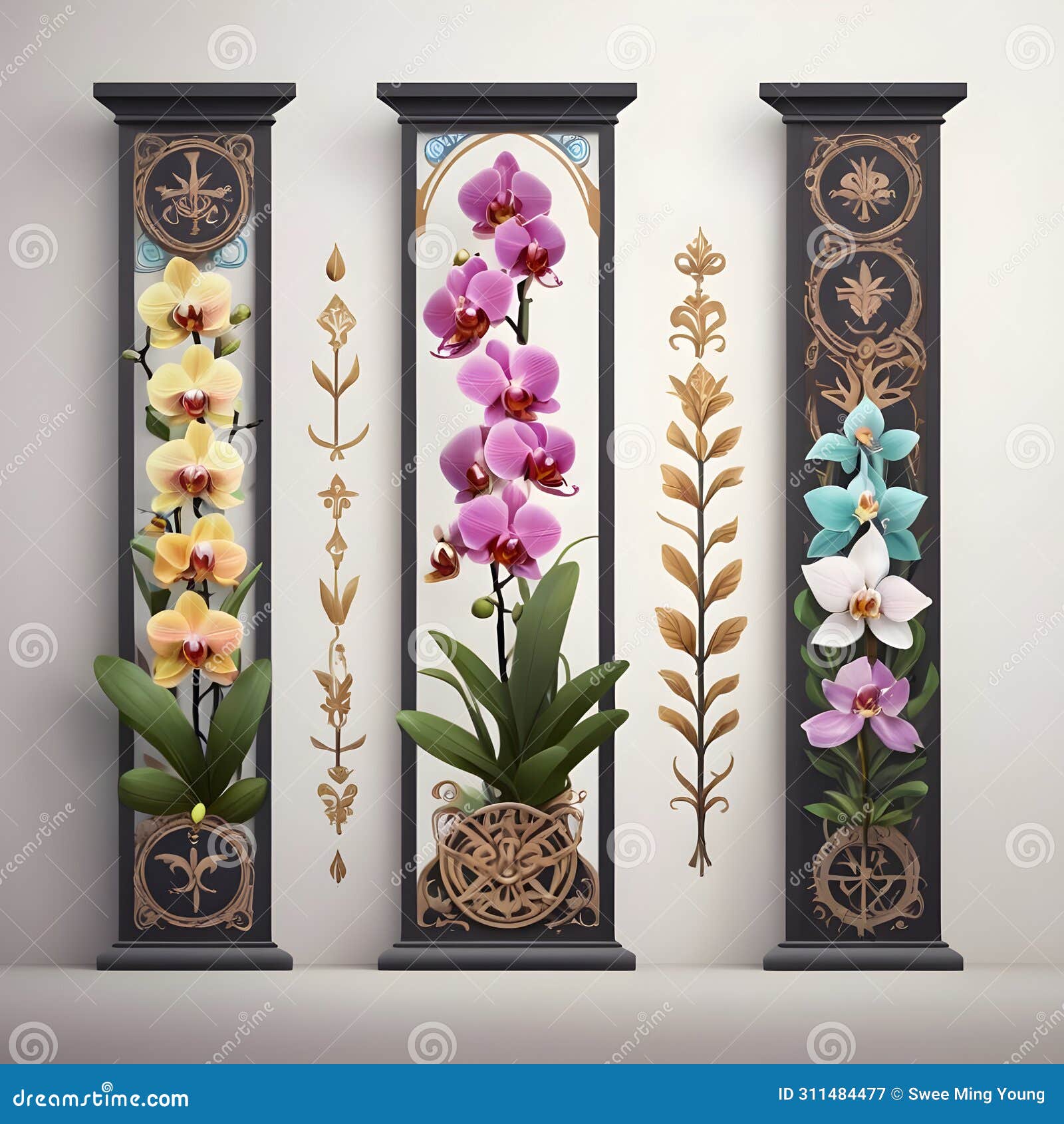 Image of 3 Colorful Orchid Flowers in Vertical Frame Column with Nordic ...