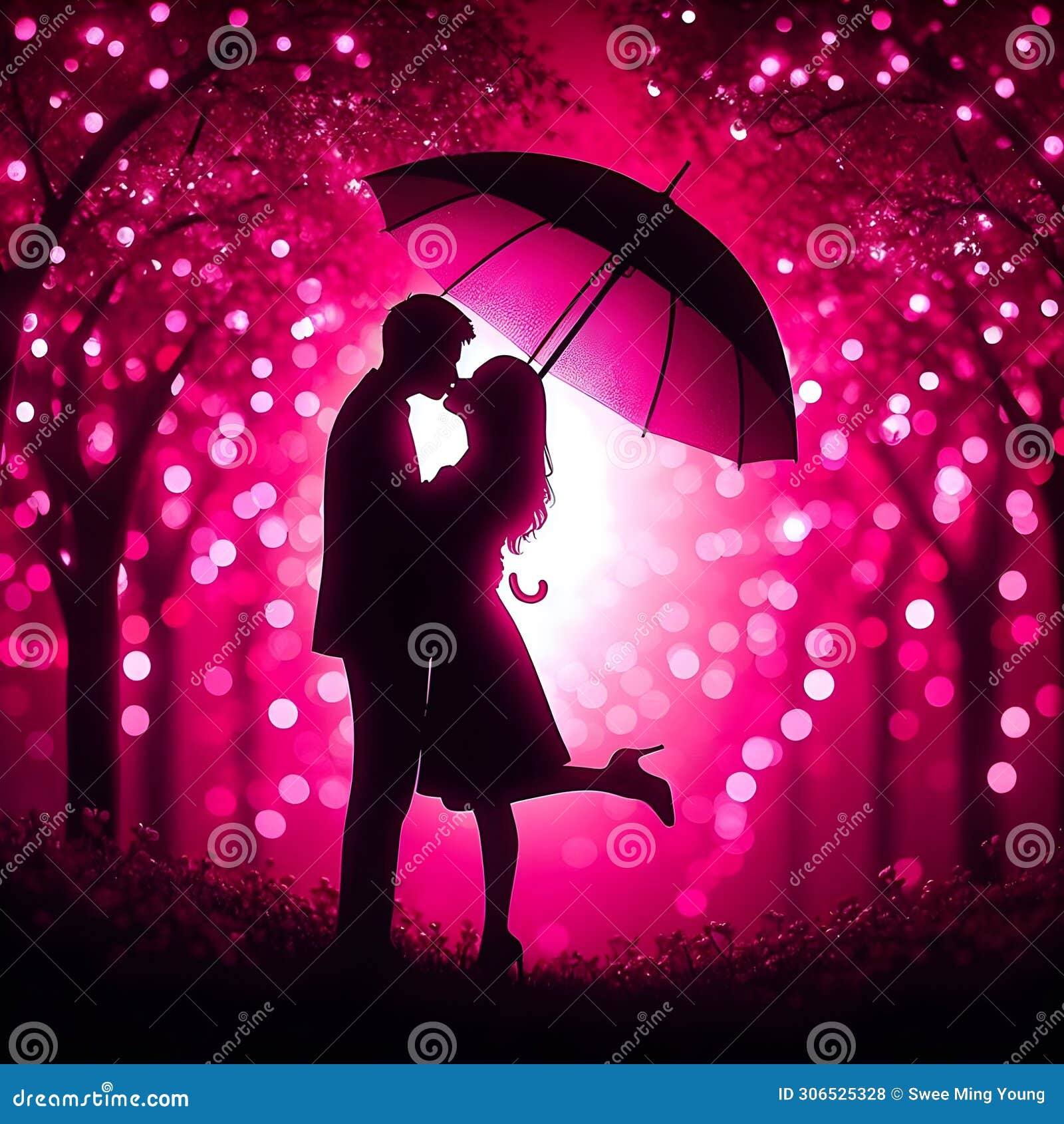 Image of a Couple Kissing Under the Red Umbrella Painted in Dima ...
