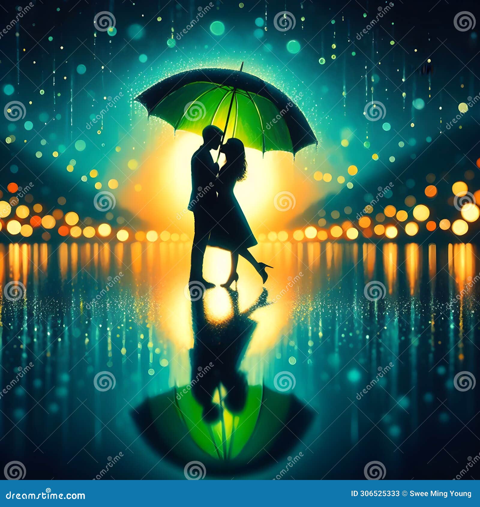 Image of a Couple Kissing Under the Red Umbrella Painted in Dima ...