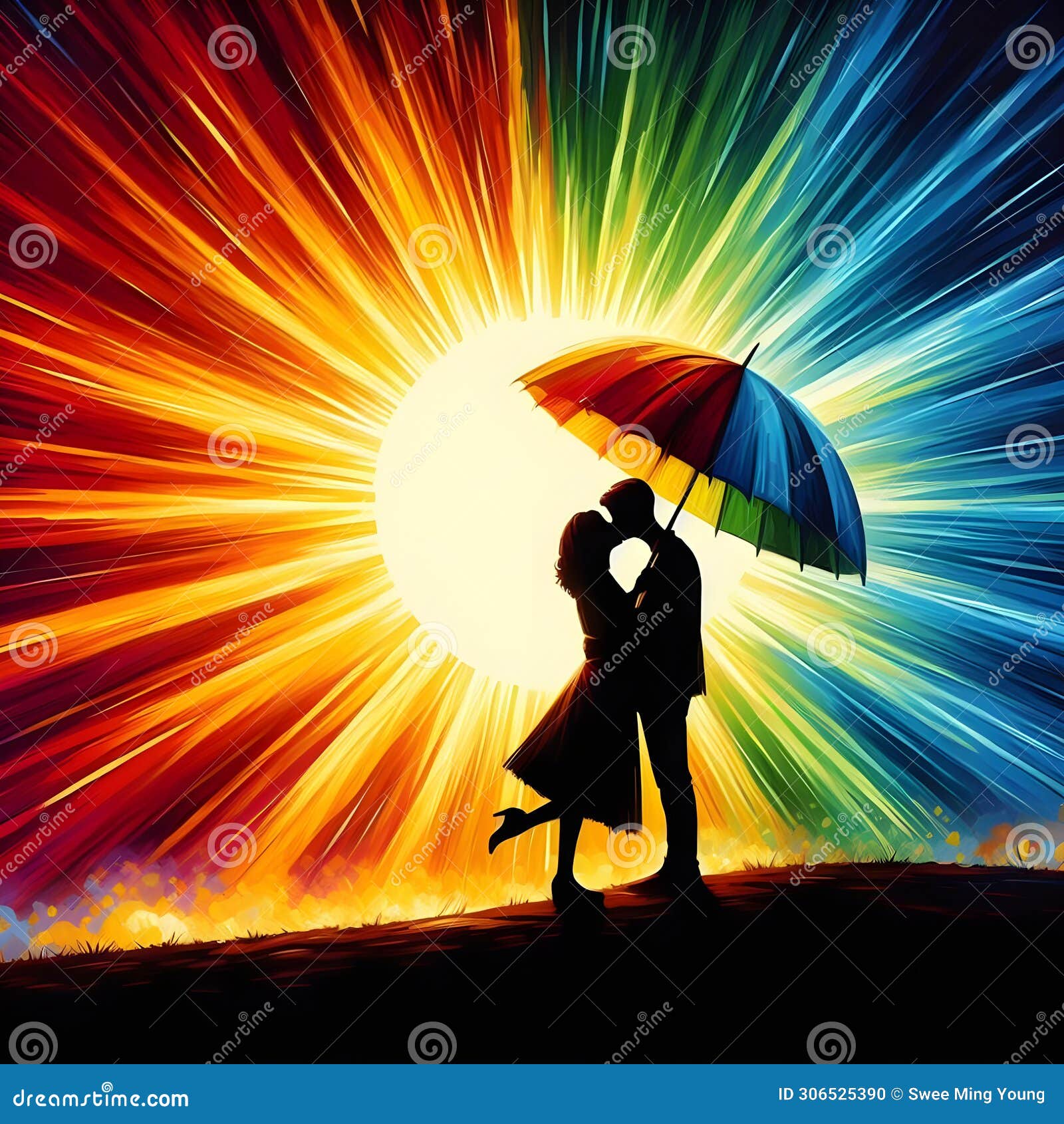 Image of a Couple Kissing Under the Red Umbrella Painted in Dima Dmitriev Style. Stock ...