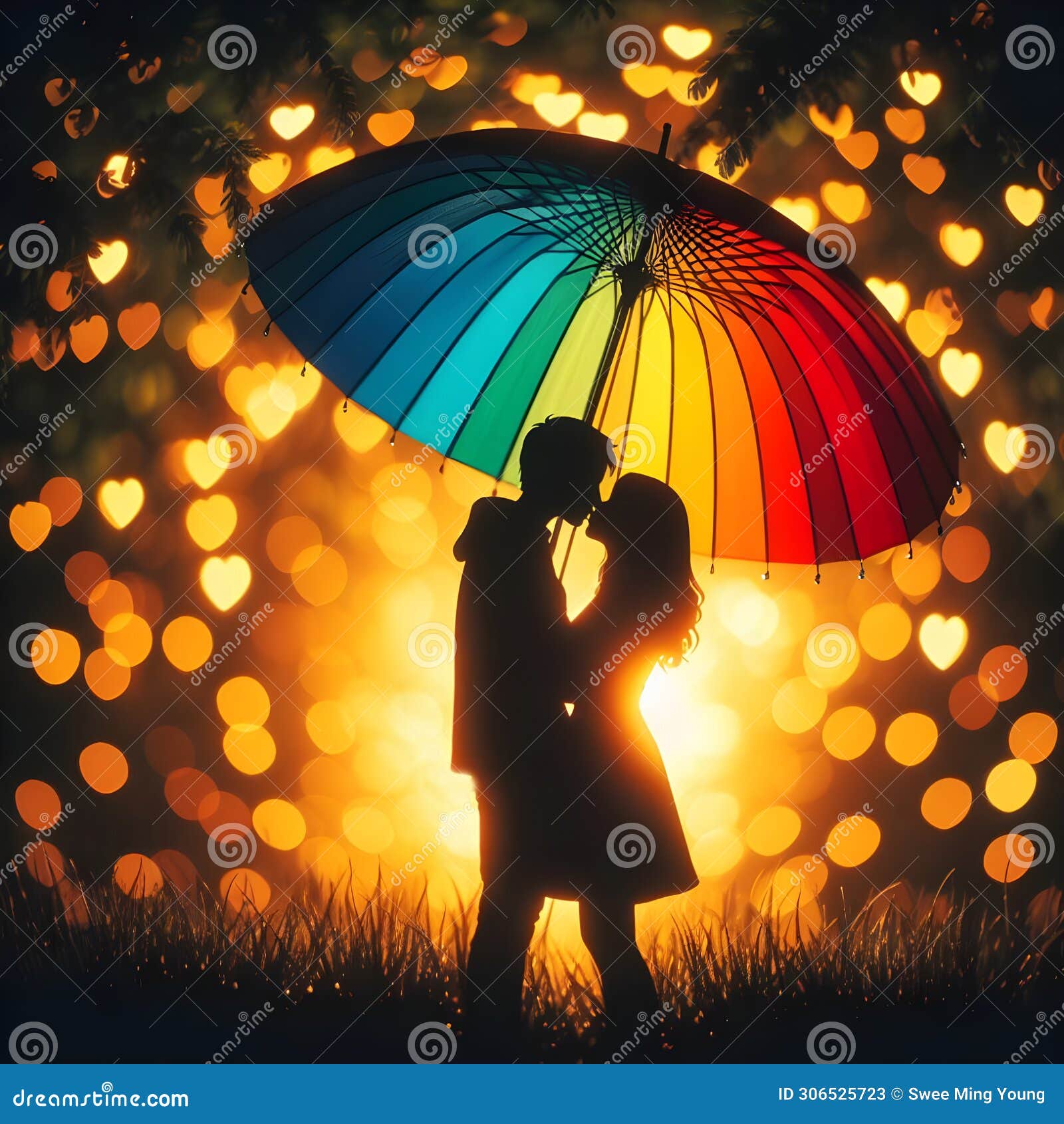 Image of a Couple Kissing Under the Red Umbrella Painted in Dima ...