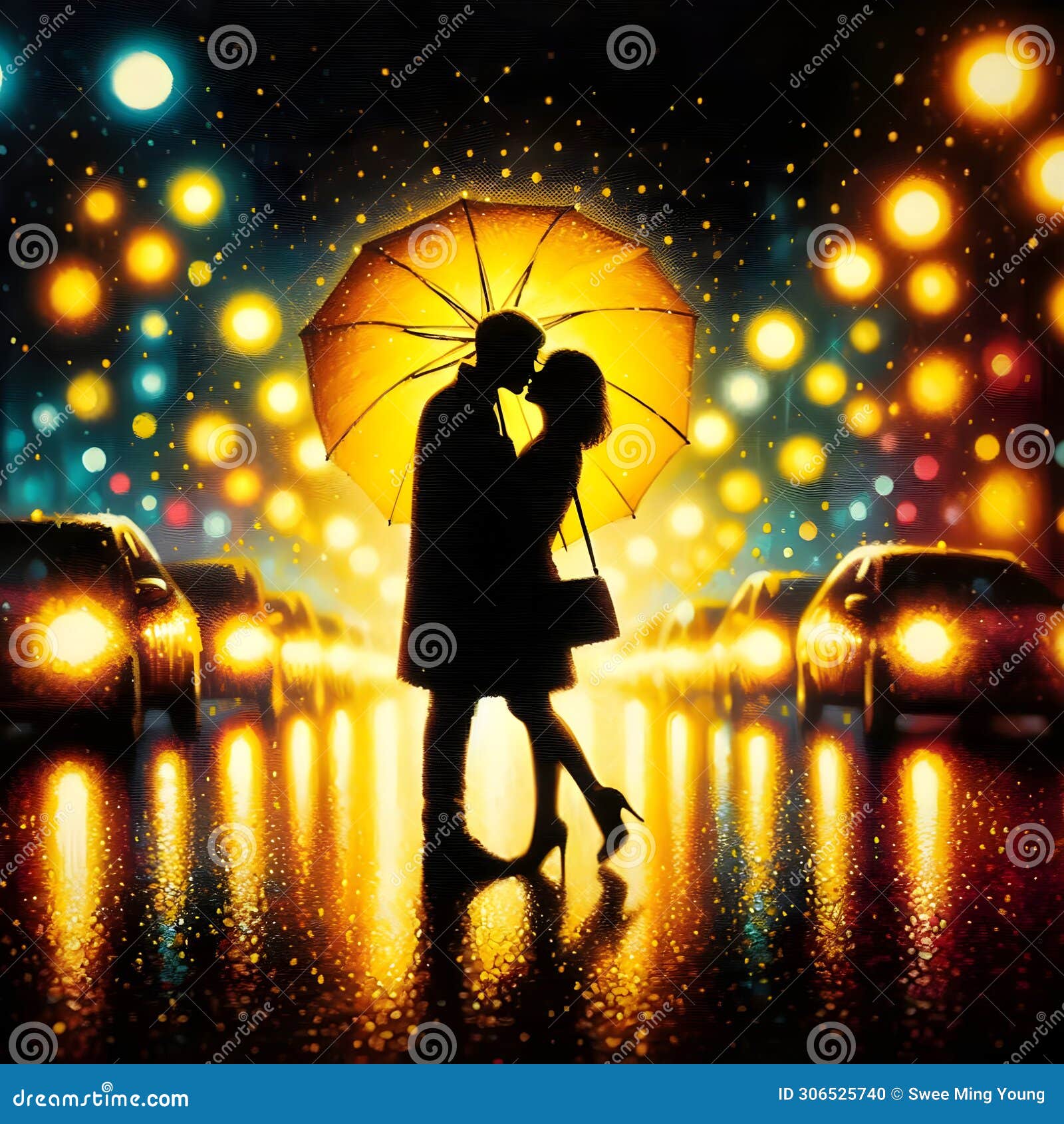 Image of a Couple Kissing Under the Red Umbrella Painted in Dima ...