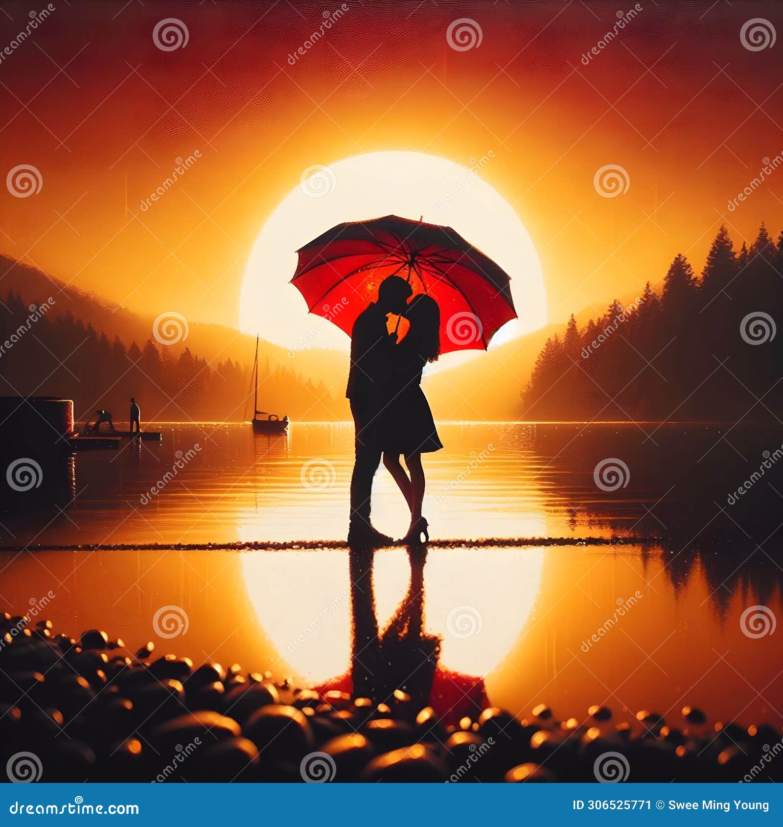 Image of a Couple Kissing Under the Red Umbrella Painted in Dima ...