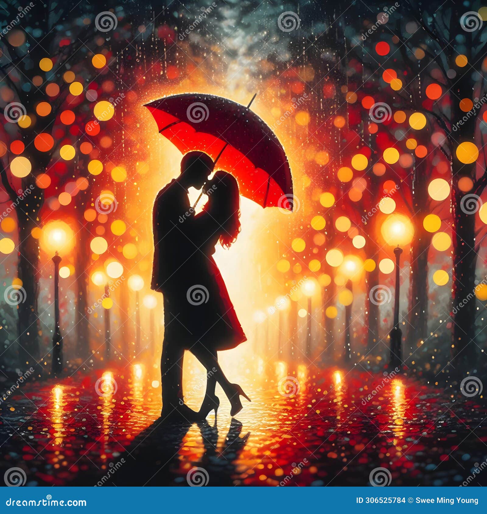 Image of a Couple Kissing Under the Red Umbrella Painted in Dima ...