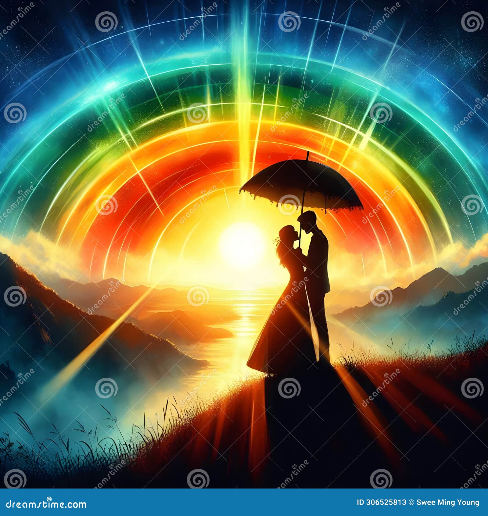 Image of a Couple Kissing Under the Red Umbrella Painted in Dima Dmitriev Style. Stock ...