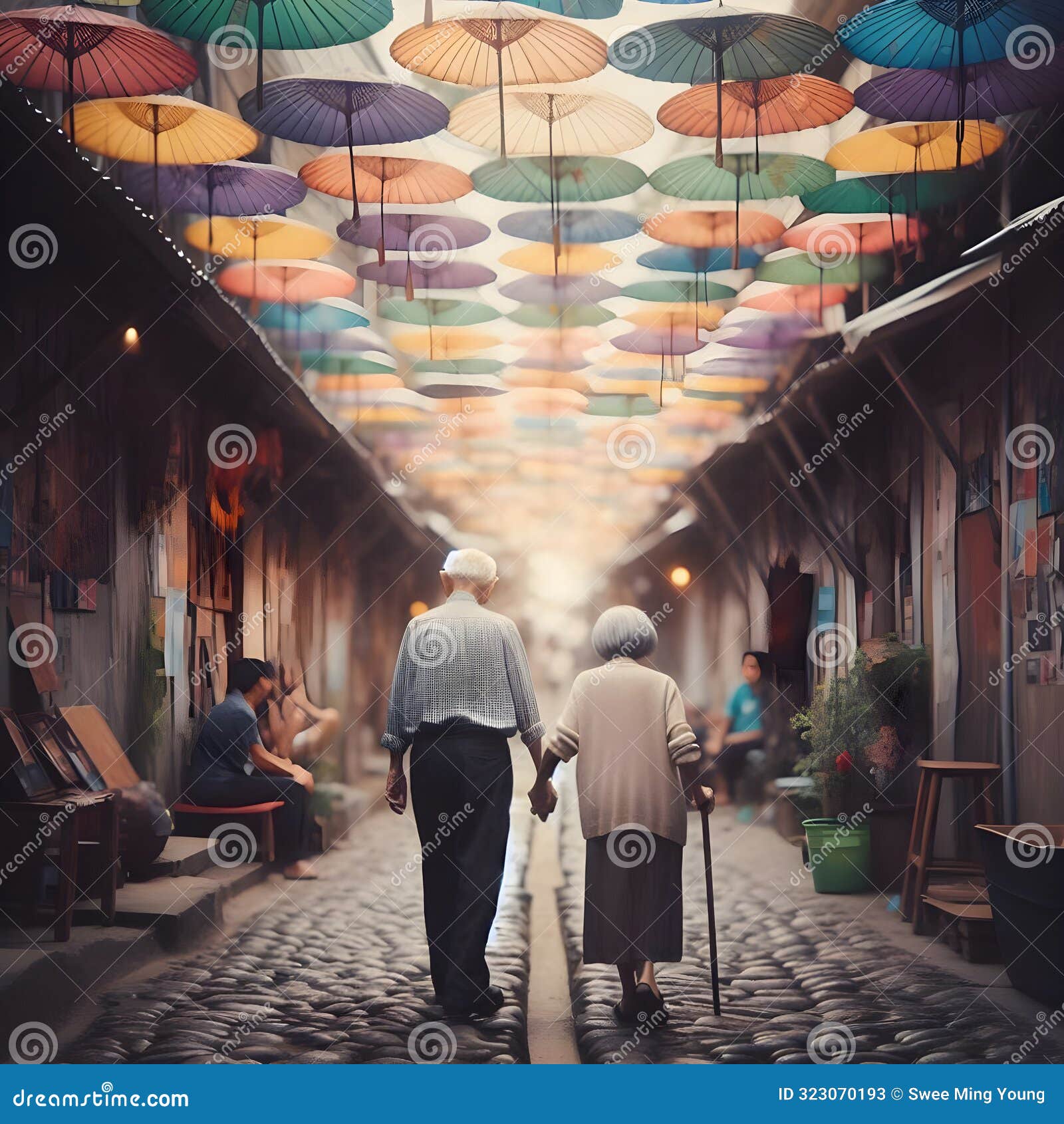 Image of a Couple Staggered Down an Alley with a Roof of Colored ...