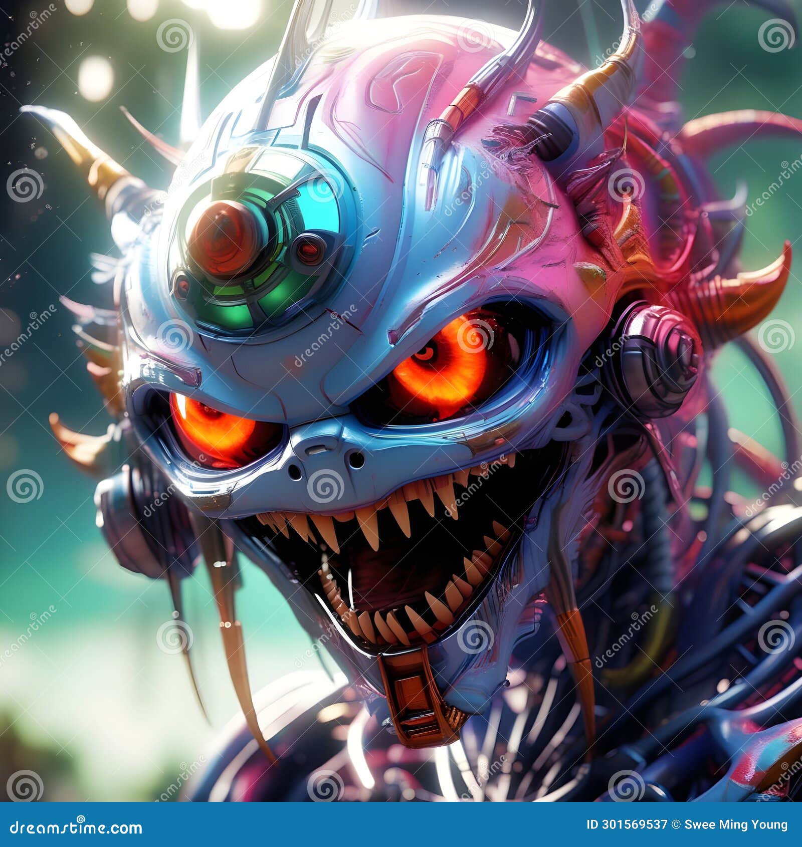 Image of a Cute Horror Robotic Cyborg with Maniacal Smile and Glowing ...