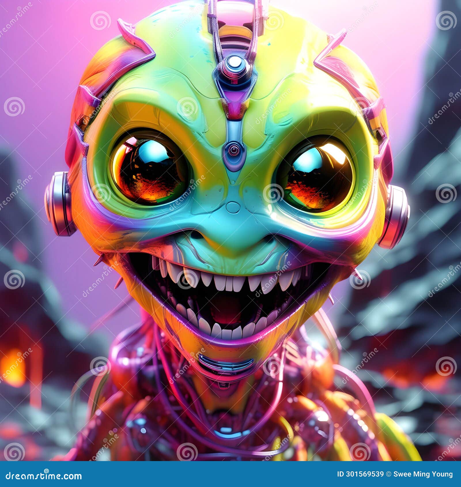 Image of a Cute Horror Robotic Cyborg with Maniacal Smile and Glowing ...