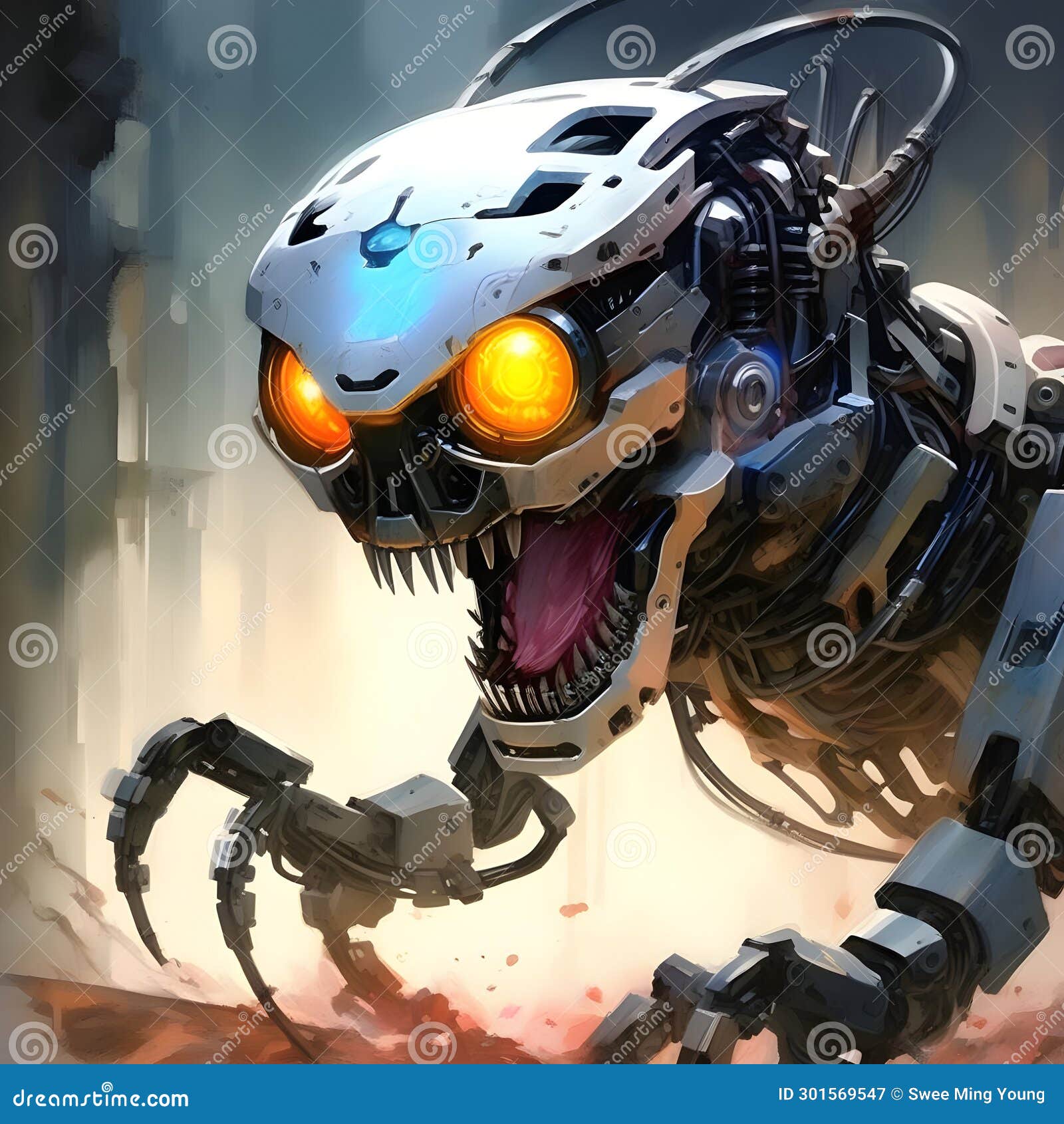 Image of a Cute Horror Robotic Cyborg with Maniacal Smile and Glowing ...