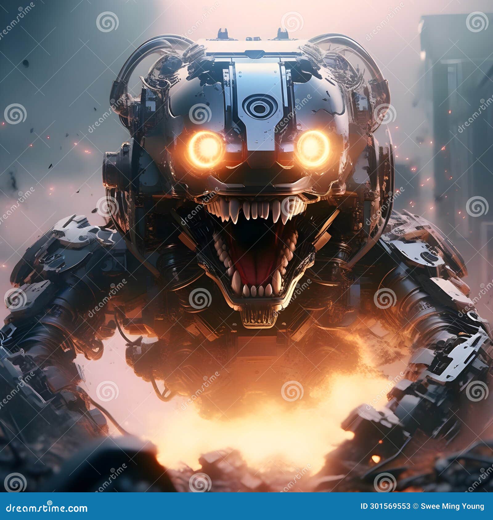 Image of a Cute Horror Robotic Cyborg with Maniacal Smile and Glowing ...