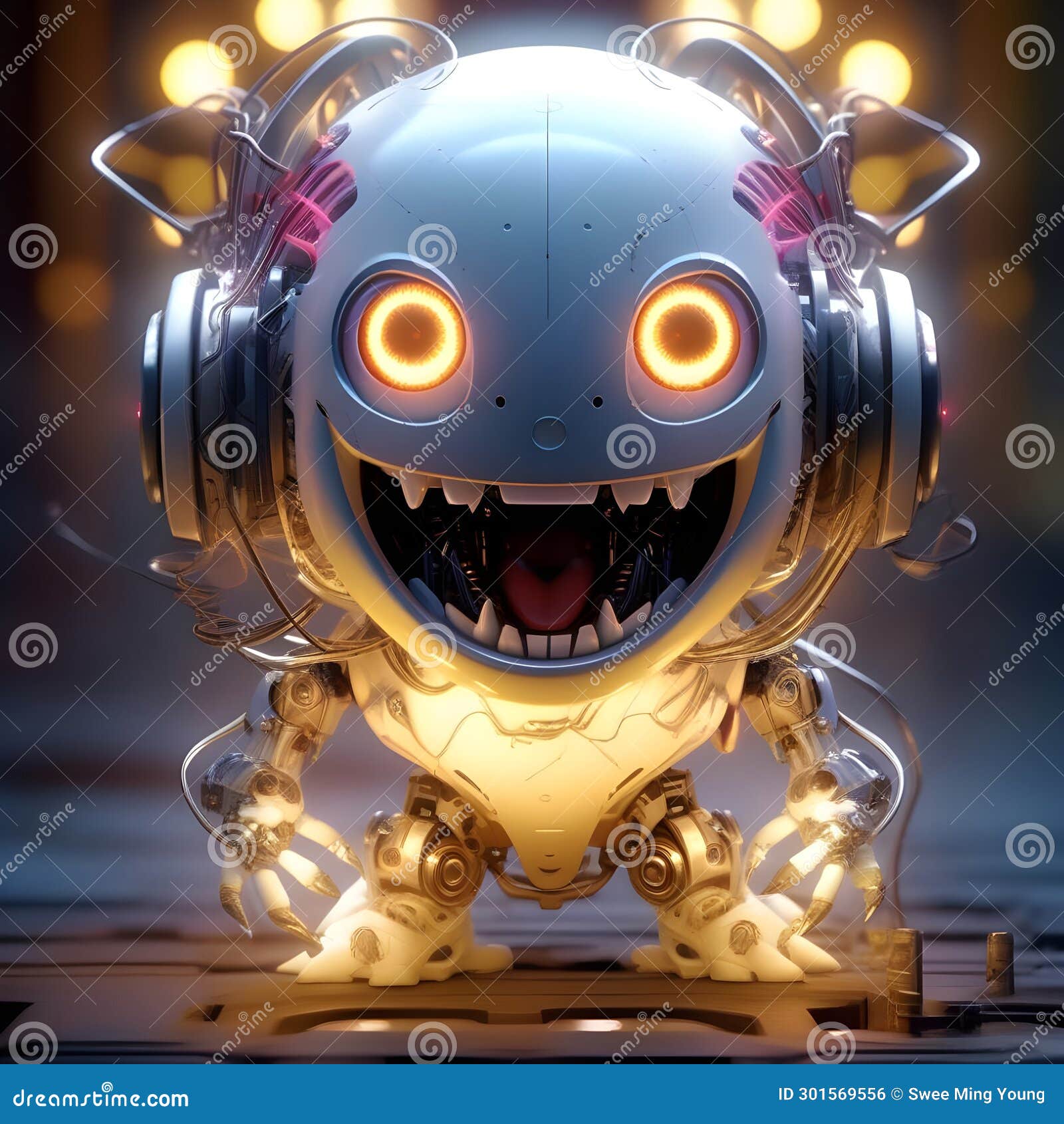 Image of a Cute Horror Robotic Cyborg with Maniacal Smile and Glowing ...