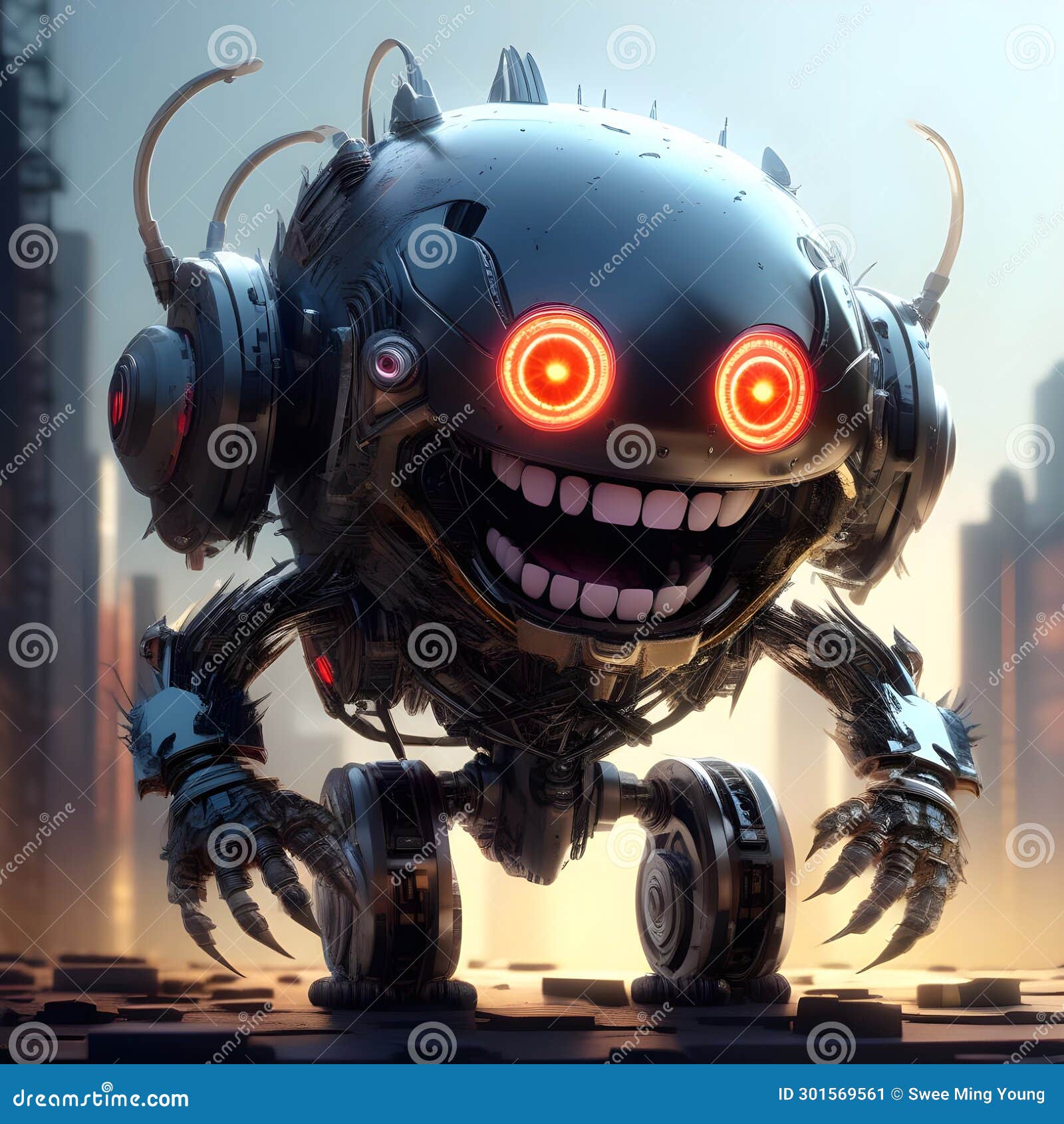 Image of a Cute Horror Robotic Cyborg with Maniacal Smile and Glowing ...