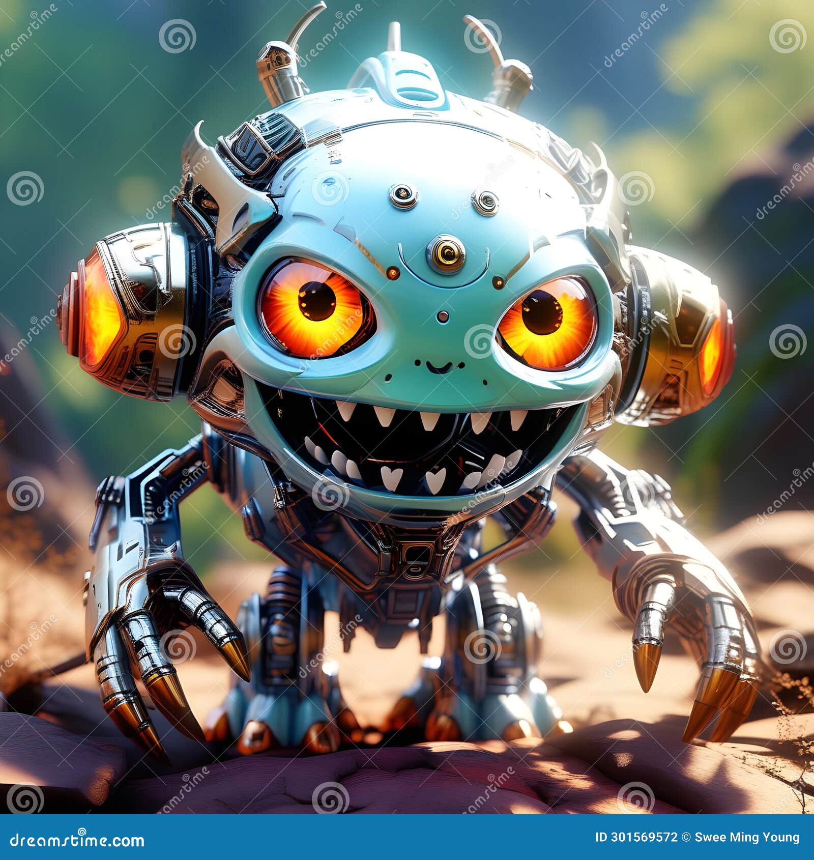 Image of a Cute Horror Robotic Cyborg with Maniacal Smile and Glowing ...