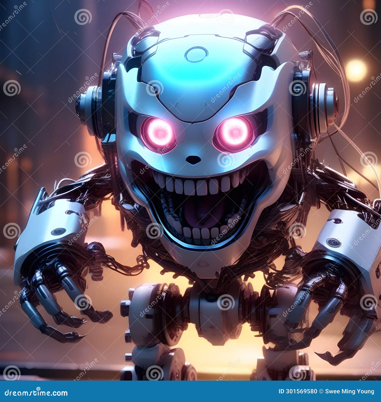 Image of a Cute Horror Robotic Cyborg with Maniacal Smile and Glowing ...