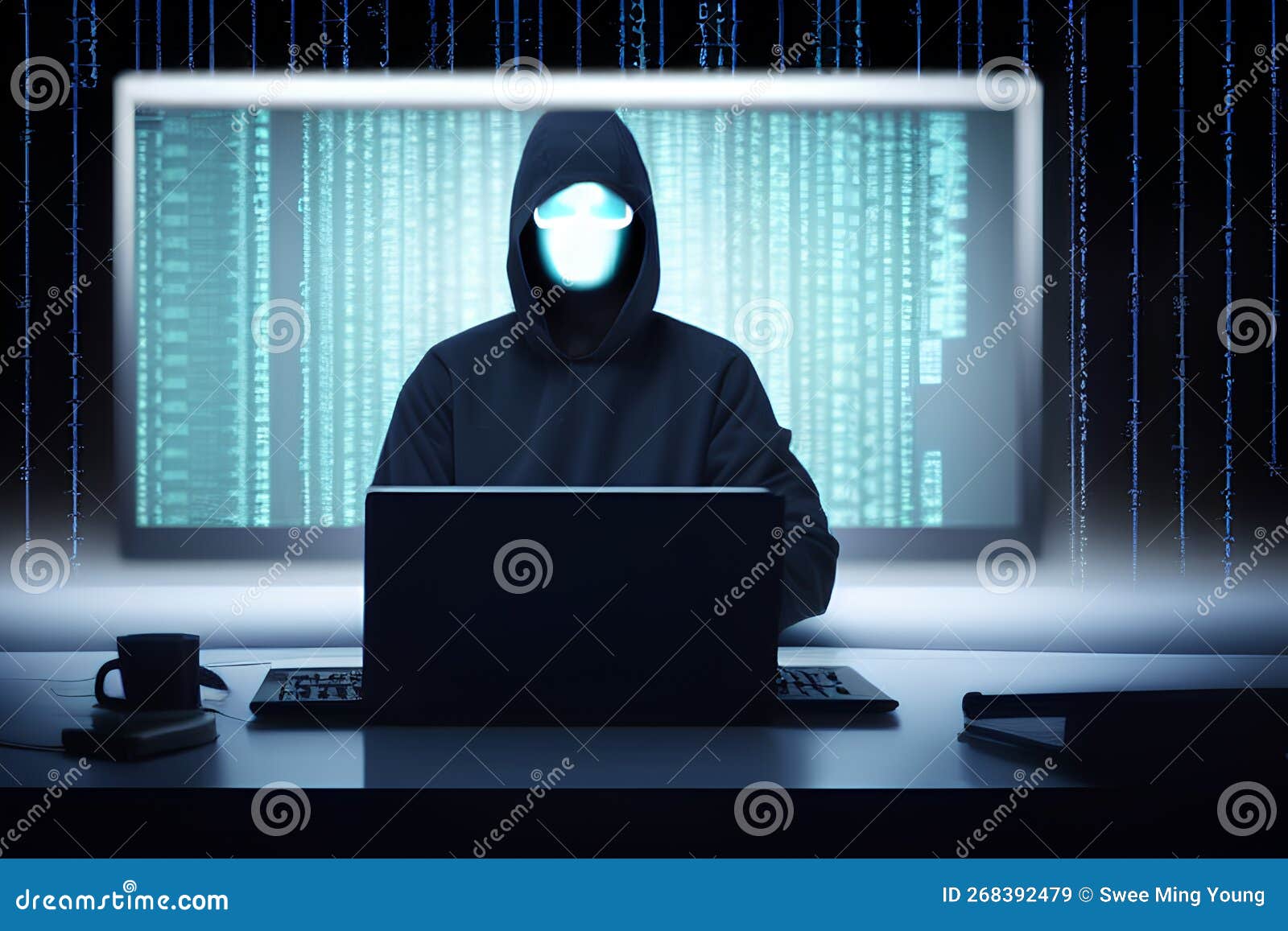 The Cyber Crime Hacker on the Computer System in the Dark Room. Stock ...