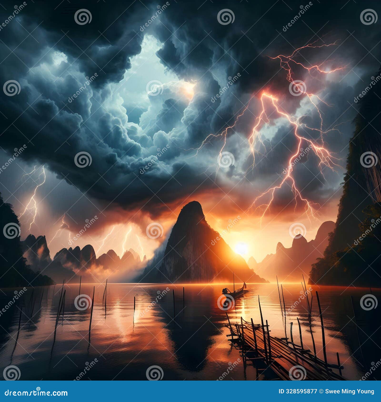 Image of Dramatic Rain,storm and Lighting Bombard the Lake at Golden ...