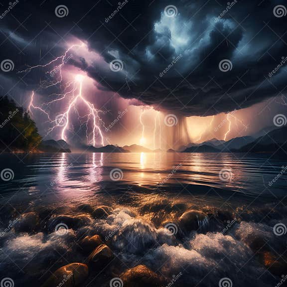 Image of Dramatic Rain,storm and Lighting Bombard the Lake at Golden ...