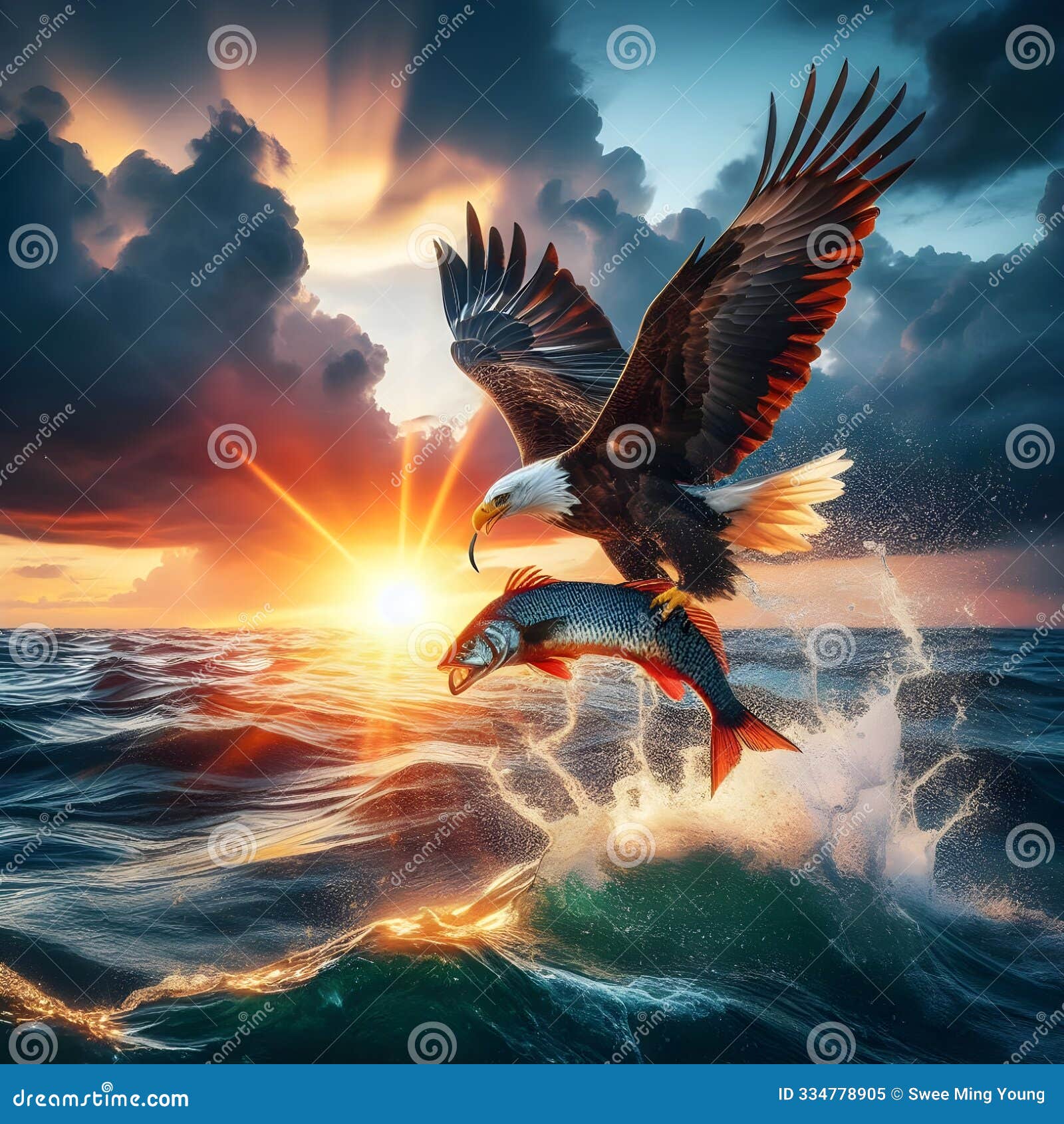 A Eagle Skimming Over the Ocean while Grabbing a Fighting Fish ...