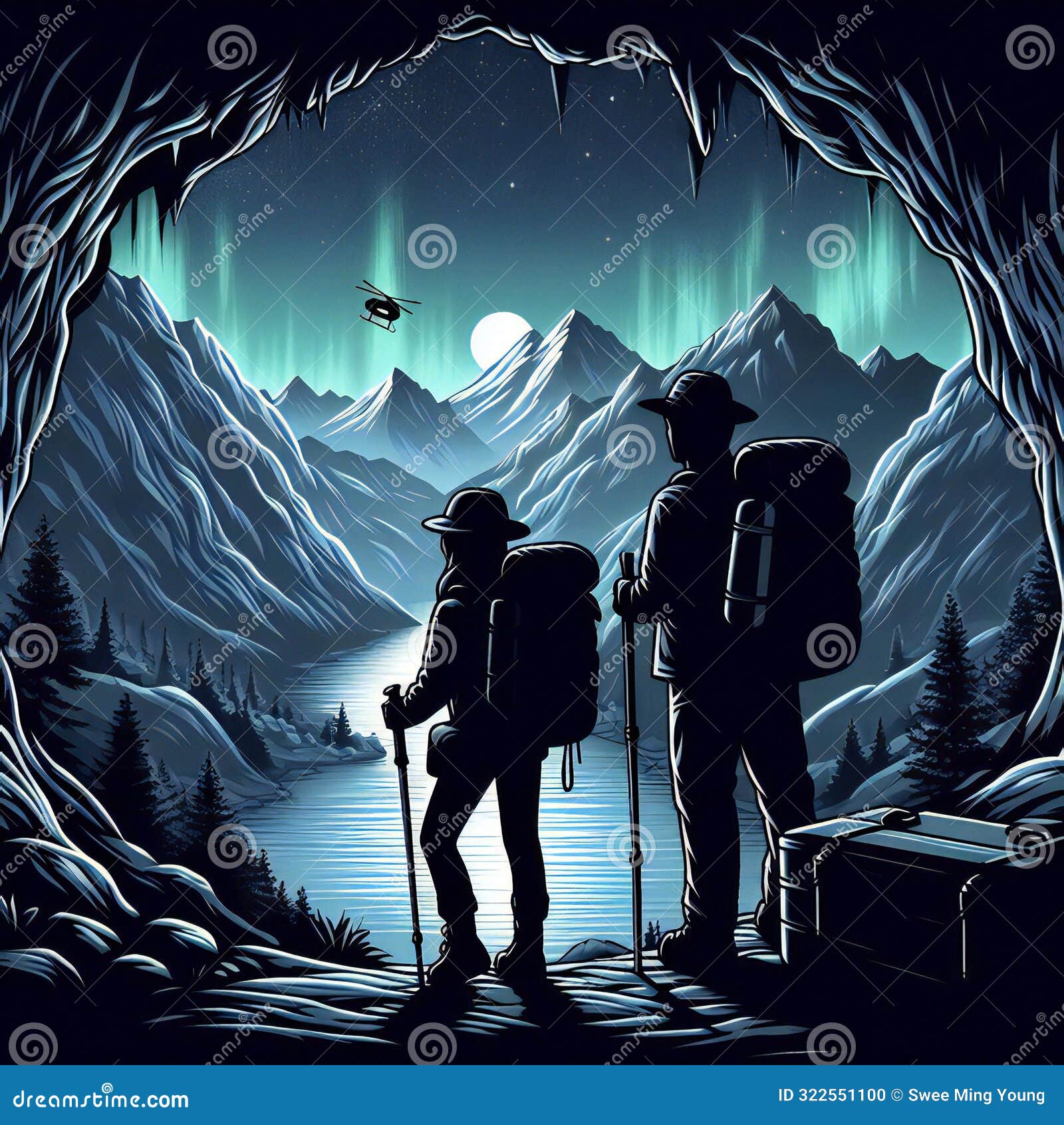 Image of a Explorer in Silhouette Stands in the Cave and Looking Out ...