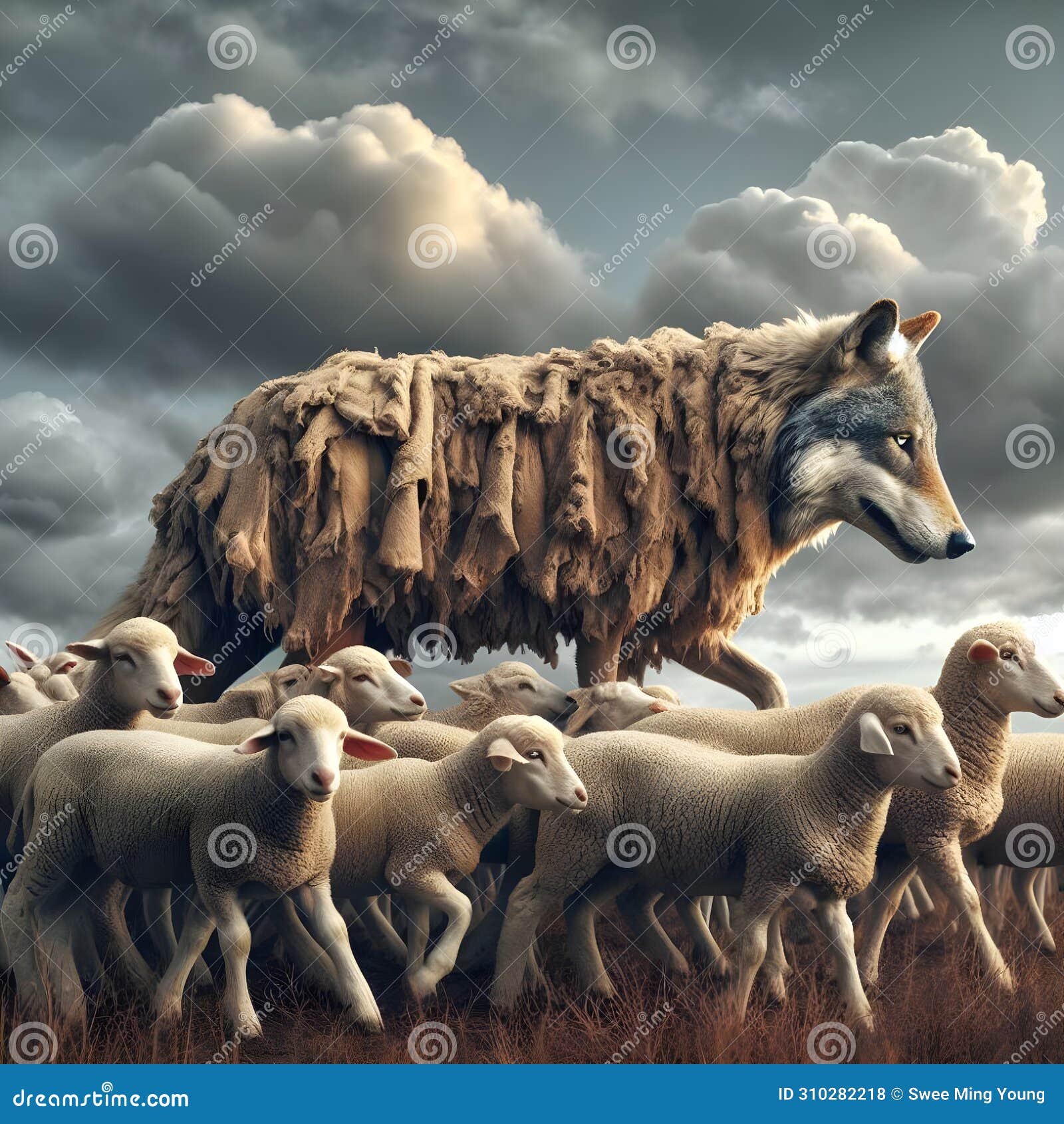 Image of False Wolf Disguises in Sheep S Skin, Leading a Flock of Sheep ...