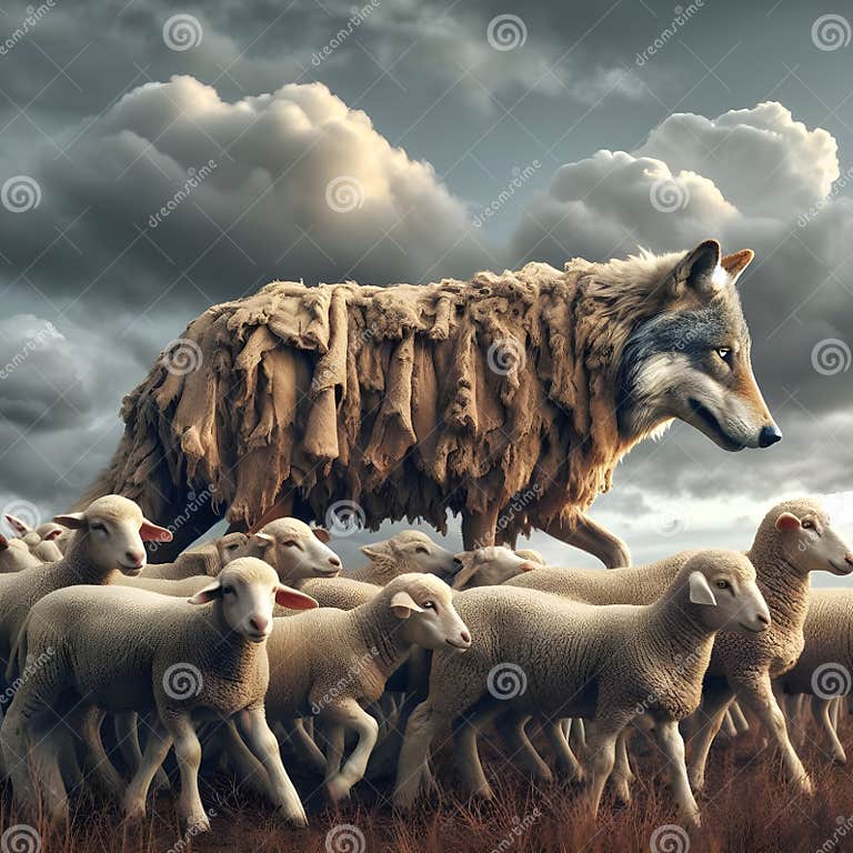 Image of False Wolf Disguises in Sheep S Skin, Leading a Flock of Sheep ...