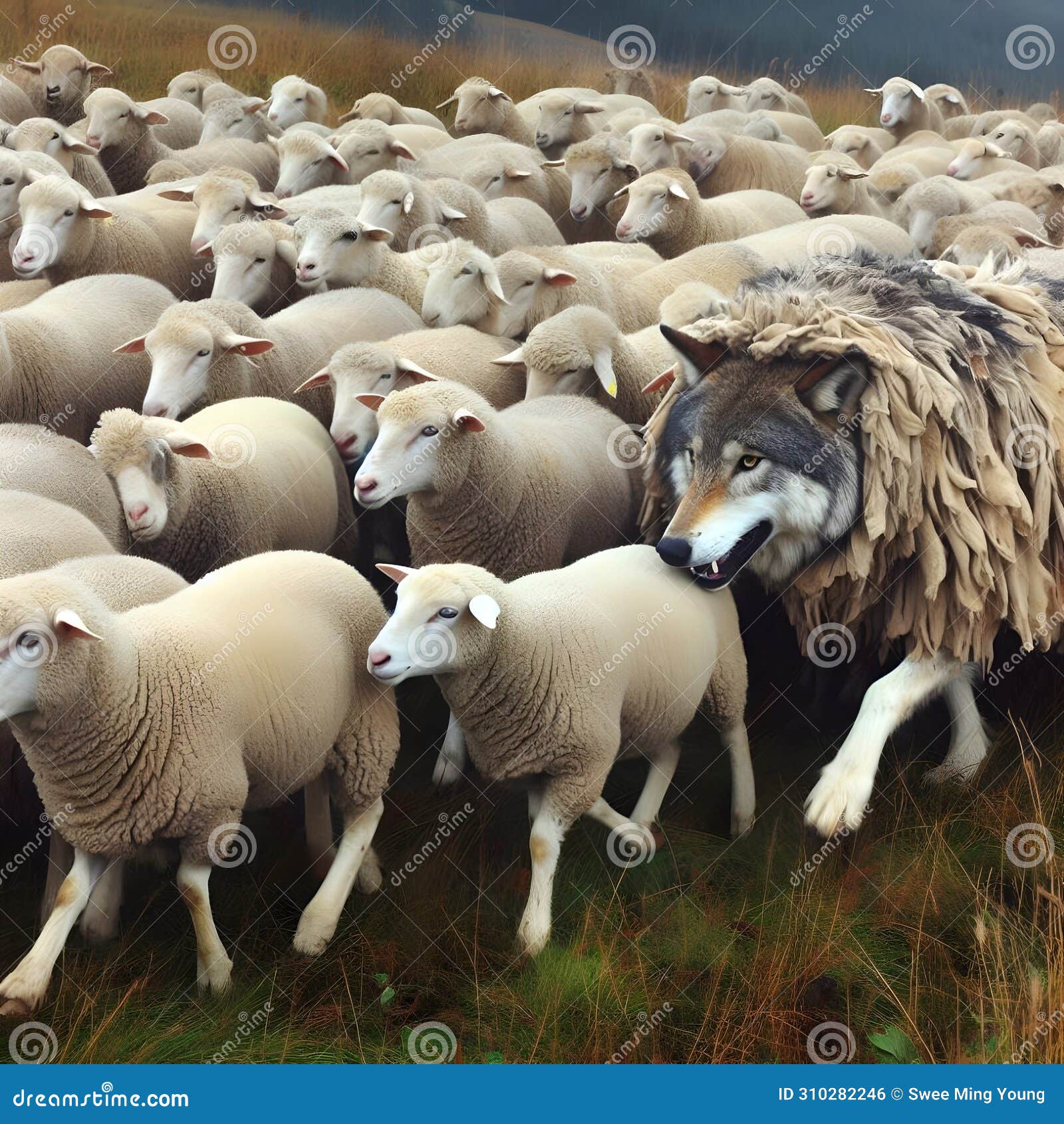 Image of False Wolf Disguises in Sheep S Skin, Leading a Flock of Sheep ...